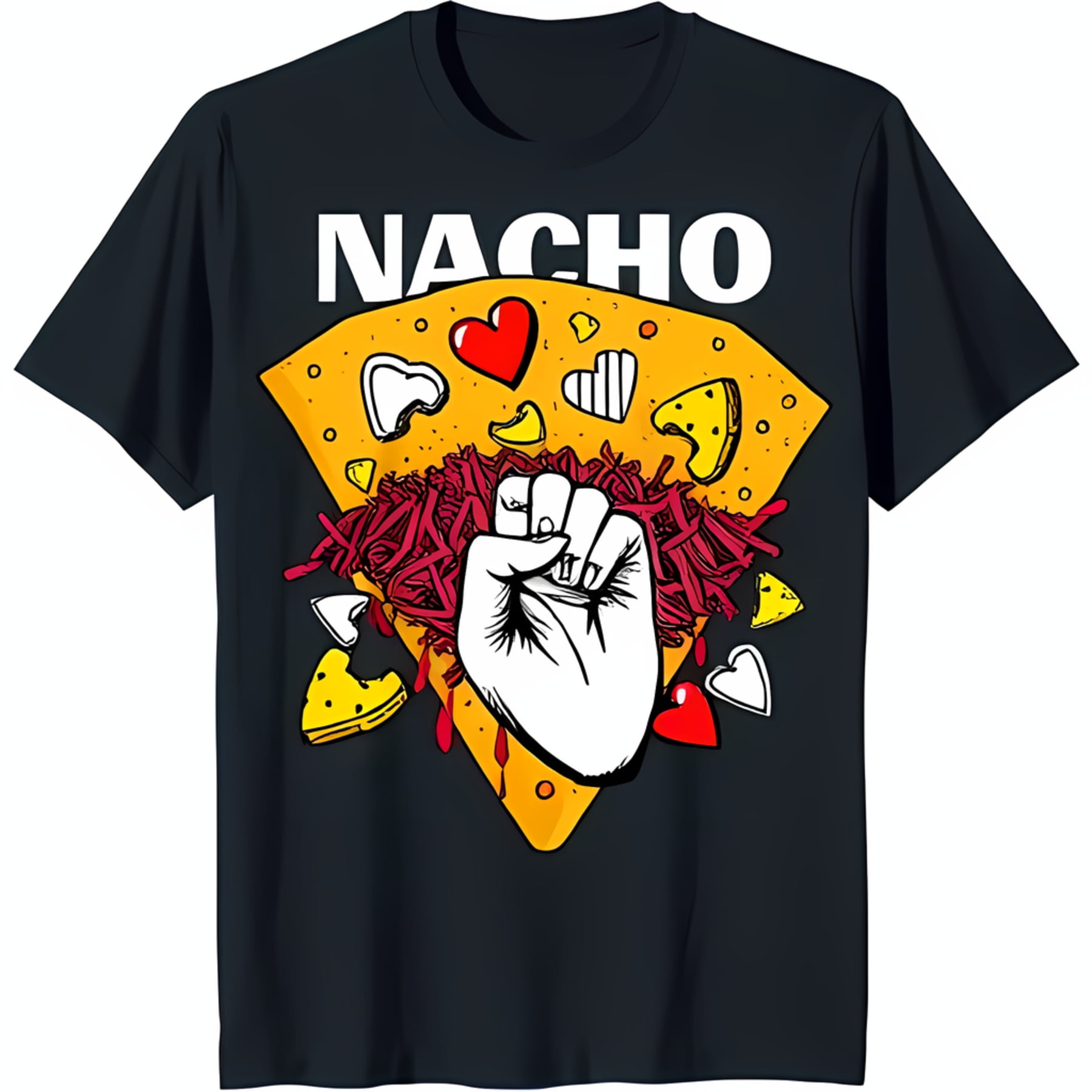 Black T-Shirt with Bold 'NACHOS' Print & Cartoon Nacho Chip Design ...