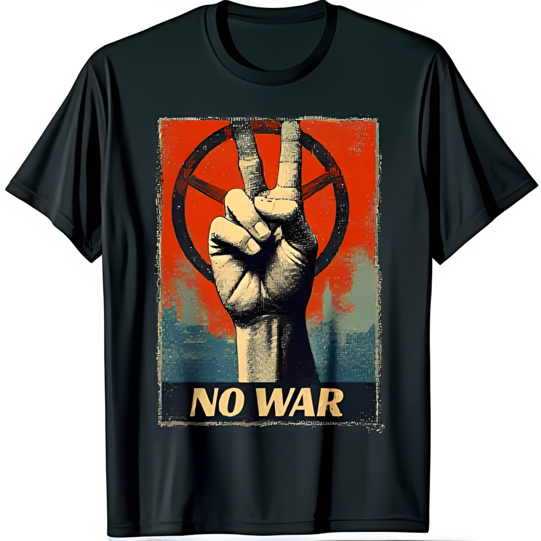 Black T-Shirt with Bold NO WAR Graphic Peace Sign & City Design ...