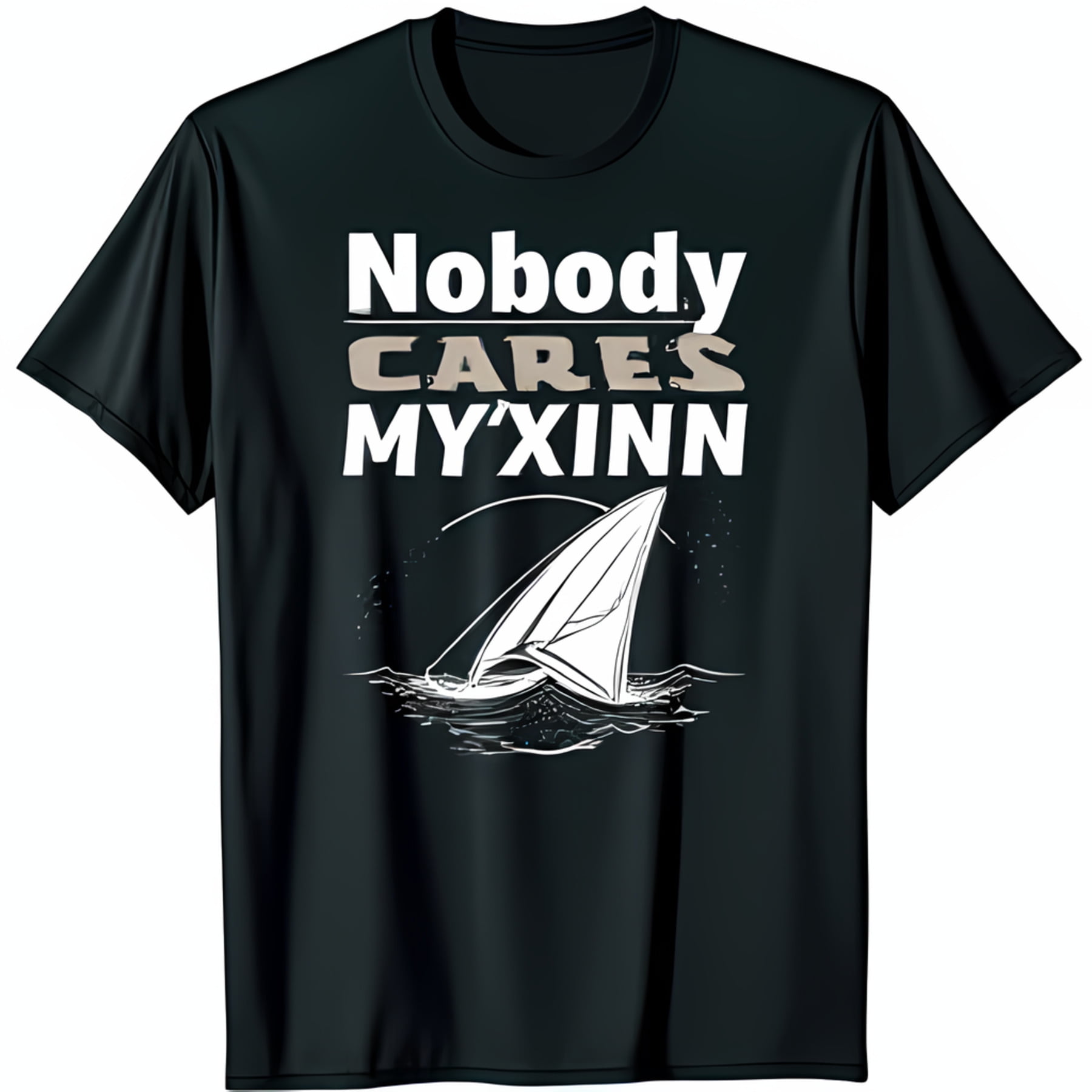 Black T-Shirt with Bold 'Nobody Cares My'Xinn' Text and Sailboat Design ...