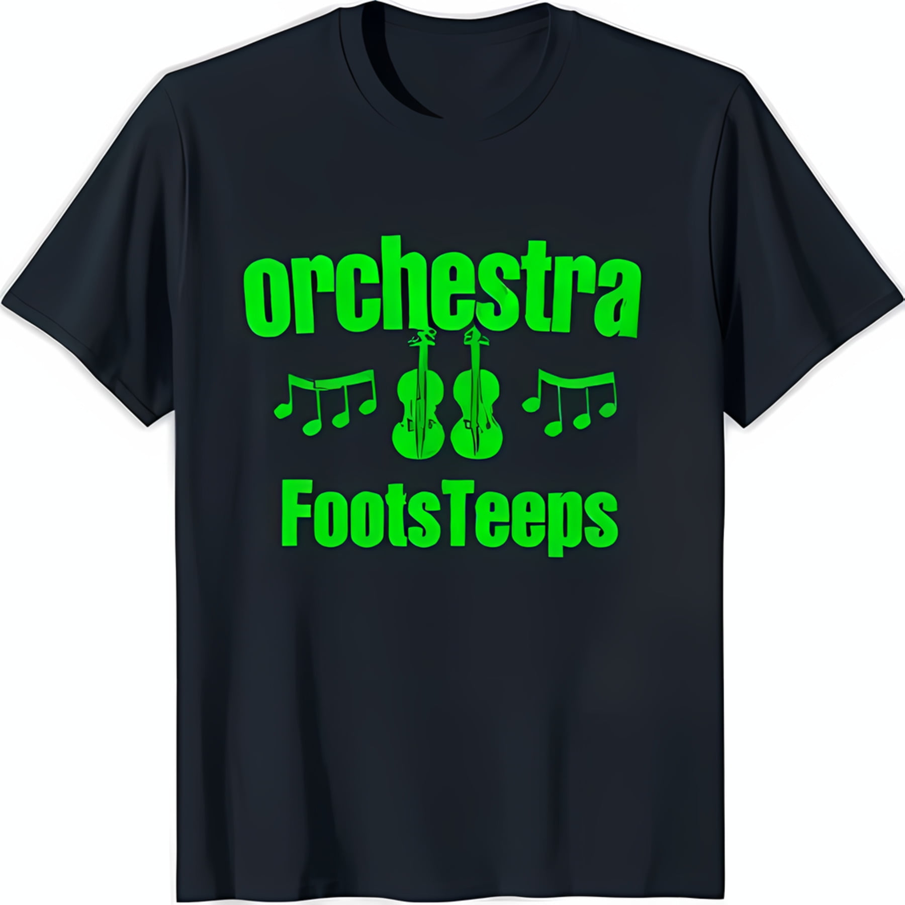 Black T-Shirt with Bold 'Orchestra' Design Two Violins & Musical Notes ...