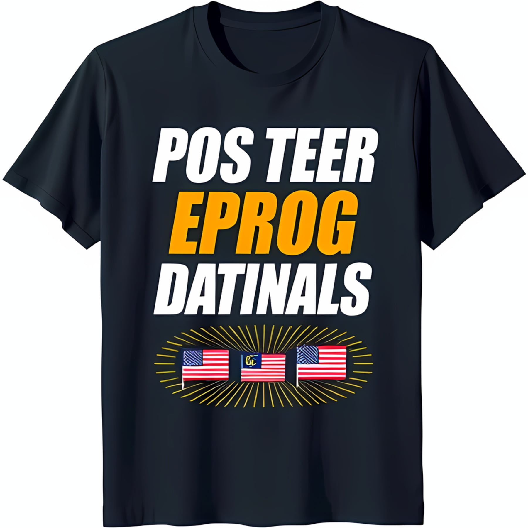 Black T-Shirt with Bold 'POS TEER EPROG DATINALS' Text and Colorful ...