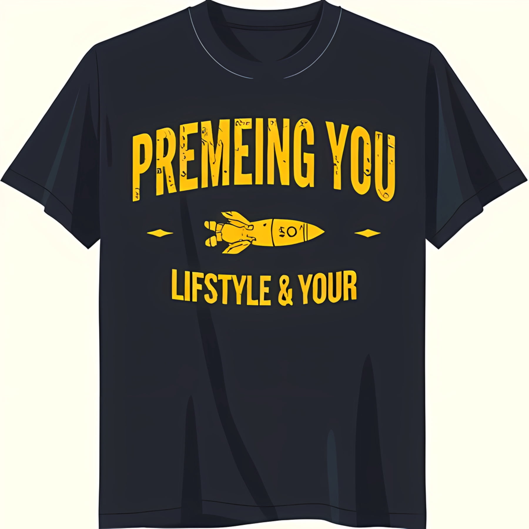 Black T-Shirt with Bold 'PREMEING YOU' Graphic & Rocket Ship Design ...
