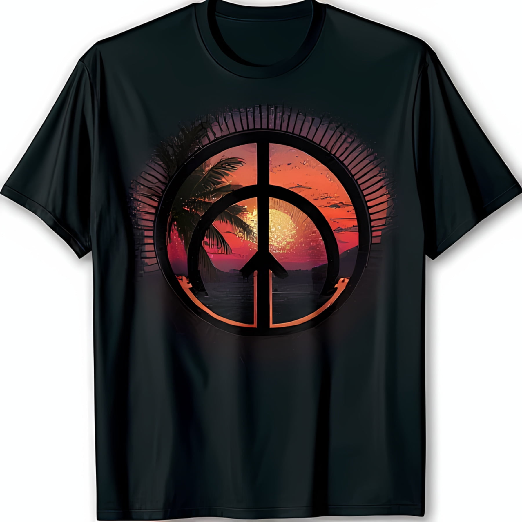 Black T-Shirt with Bold Peace Sign Graphic Sunset & Trees Design ...