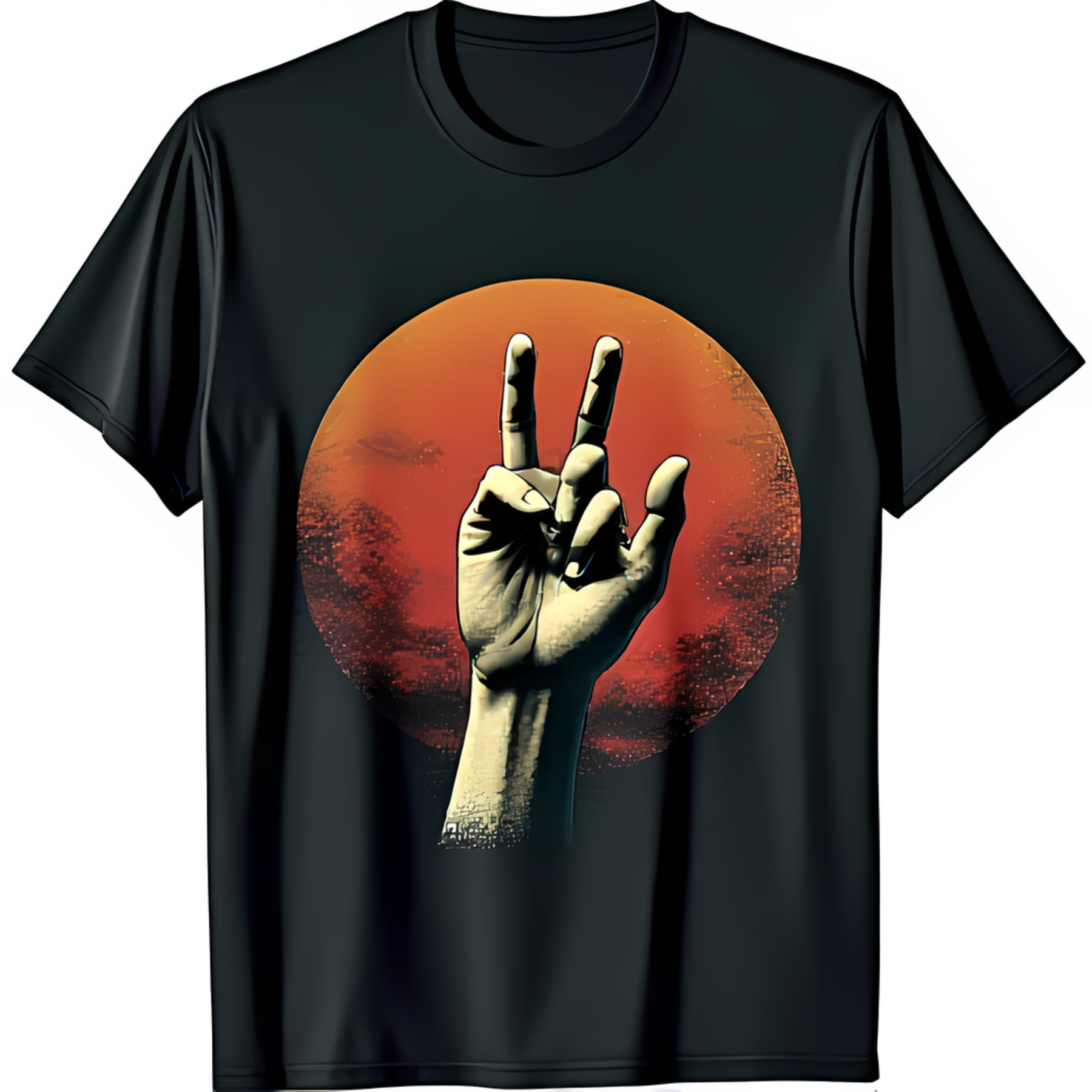 Black T-Shirt with Bold Peace Sign Graphic in Red Circle & Yellow Ring ...