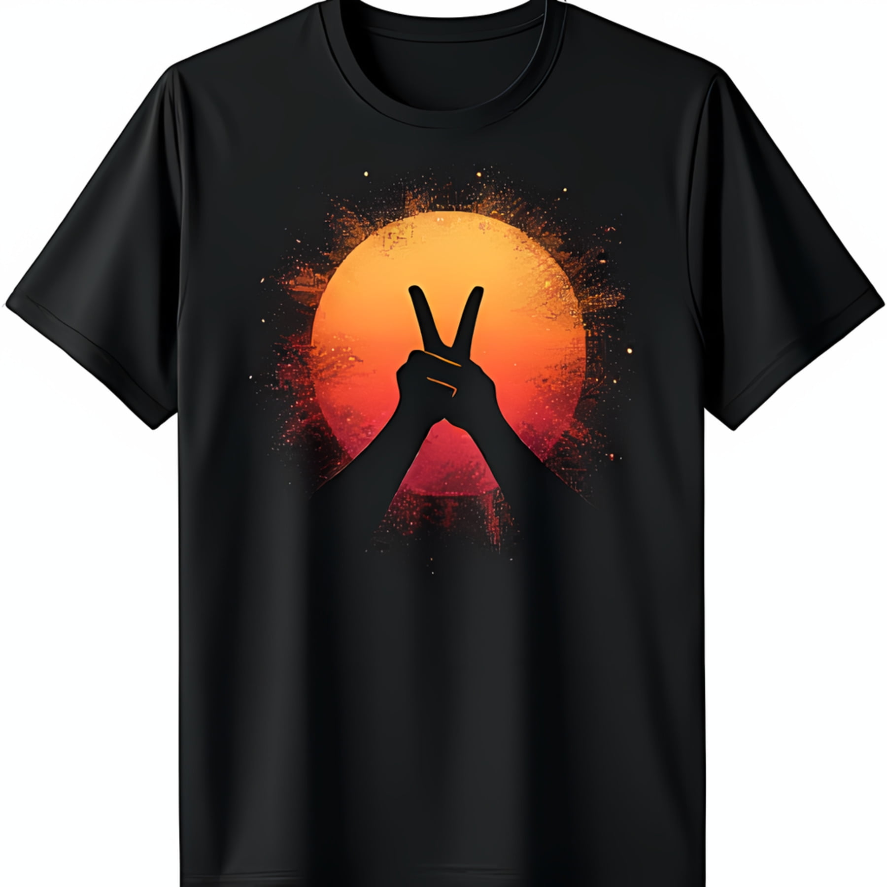 Black T-Shirt with Bold Peace Sign Hands & Vibrant Sunset Design ...