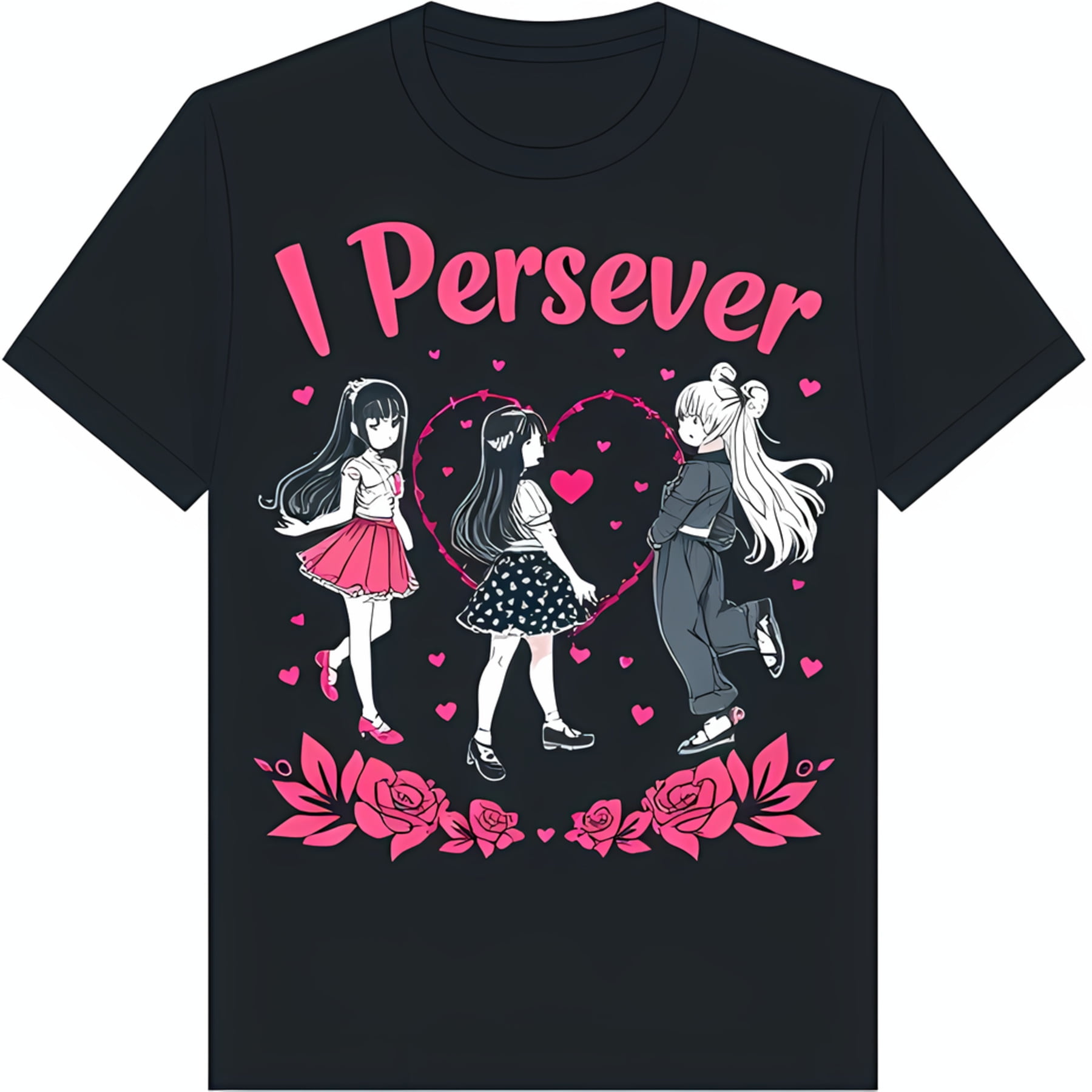 Black T-Shirt with Bold Pink 'I Persevere' Graphic Anime & Roses ...