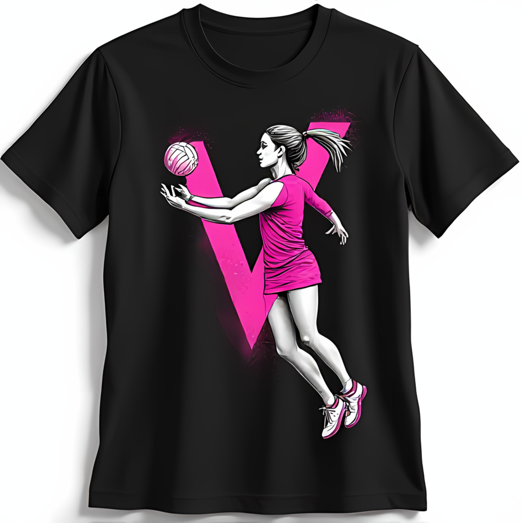 Black T-Shirt with Bold Pink 'V' Graphic and Female Netball Player ...