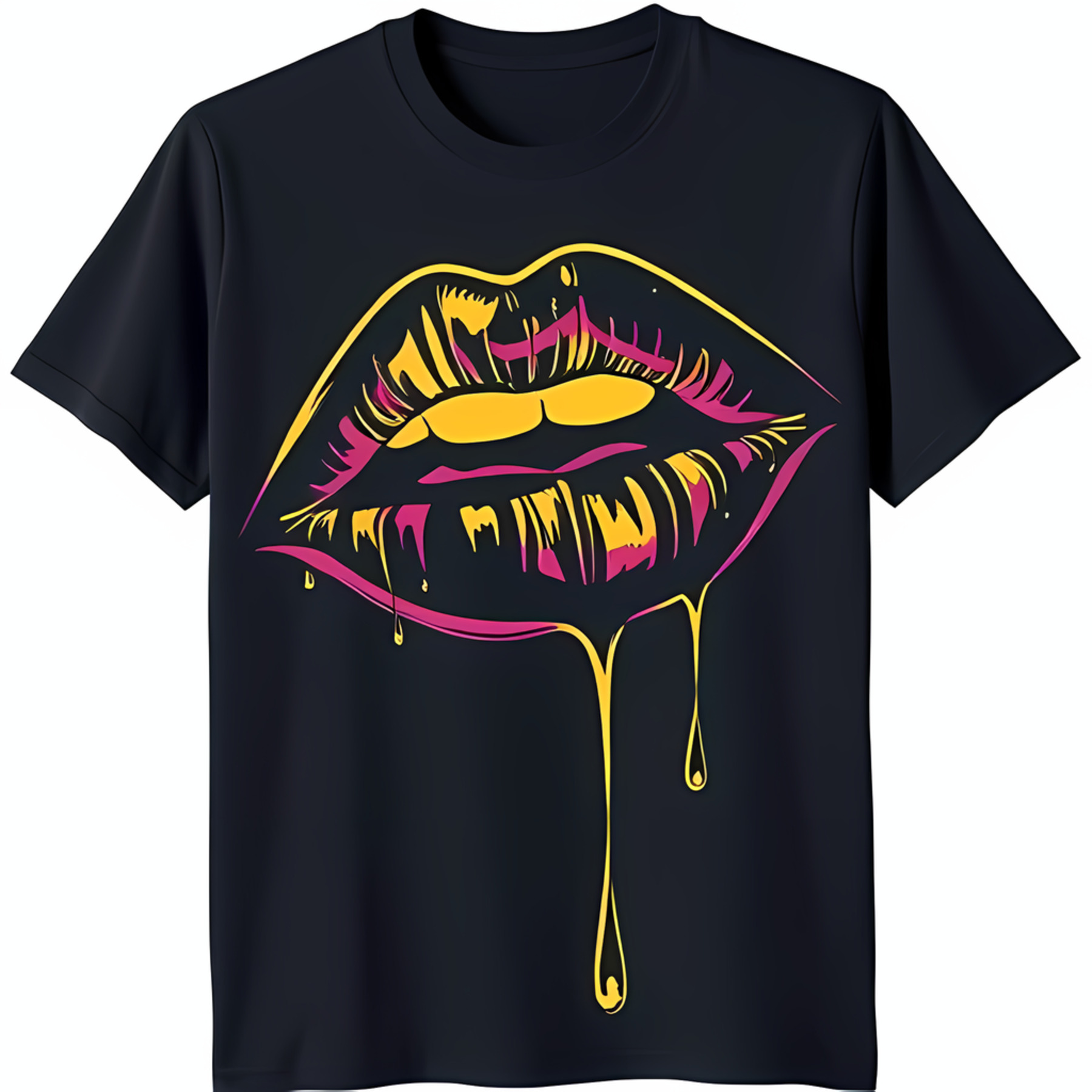 Black T-Shirt with Bold Pink and Yellow Dripping Mouth Graphic Neck Tee ...