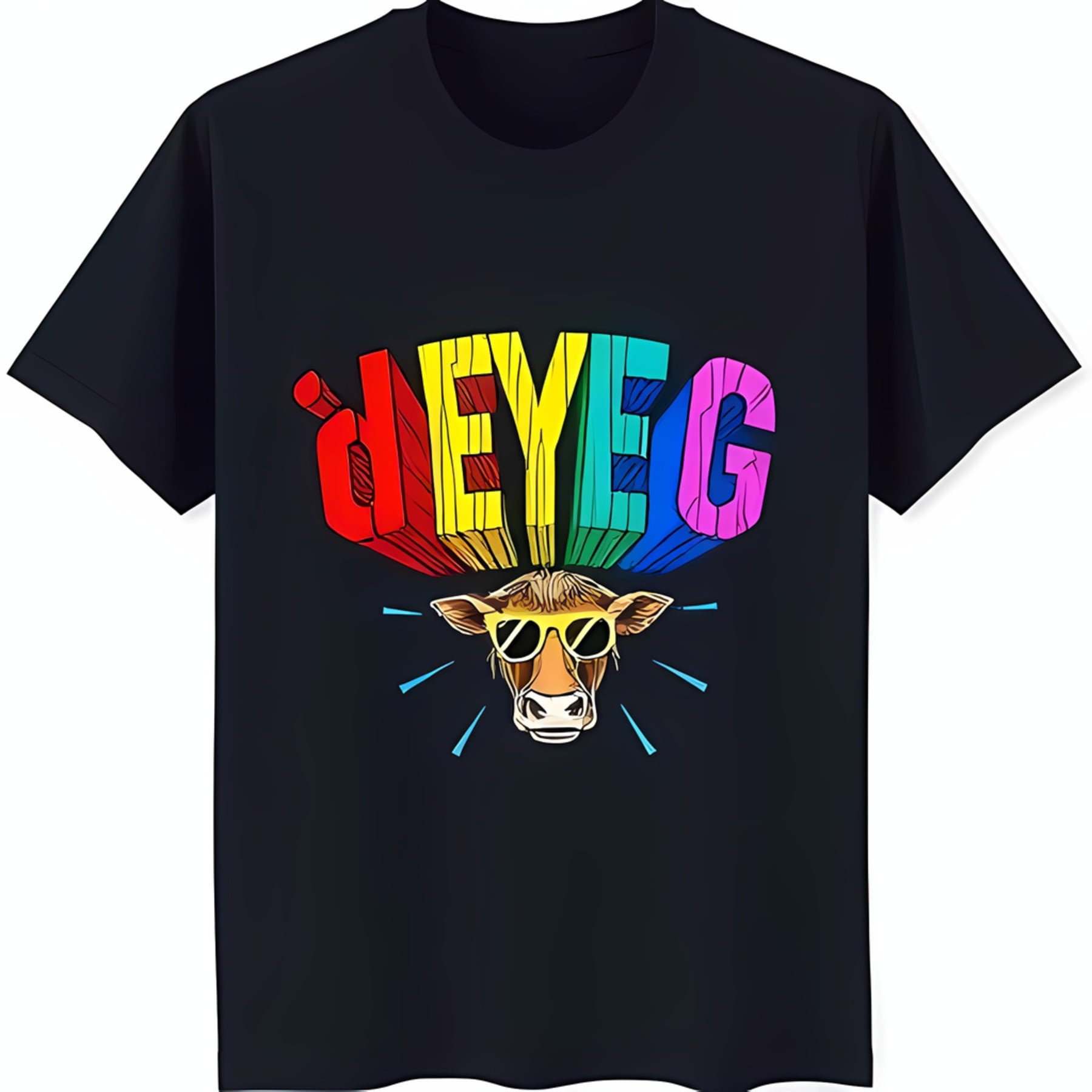 Black T-Shirt with Bold Rainbow 'DEYEC' Text & Cartoon Cow with ...