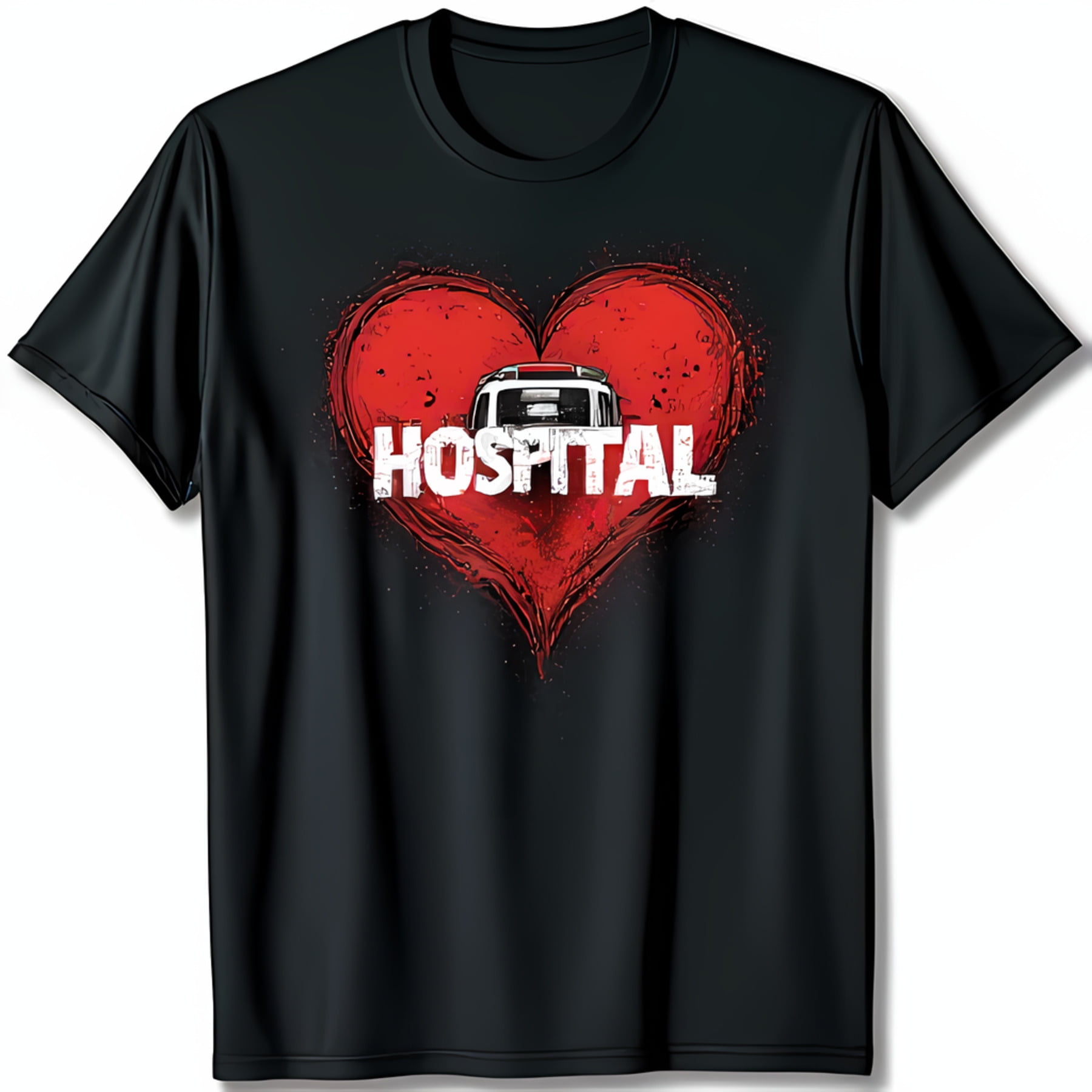 Black T-Shirt with Bold Red Heart and Ambulance Graphic HOSPITAL Design ...