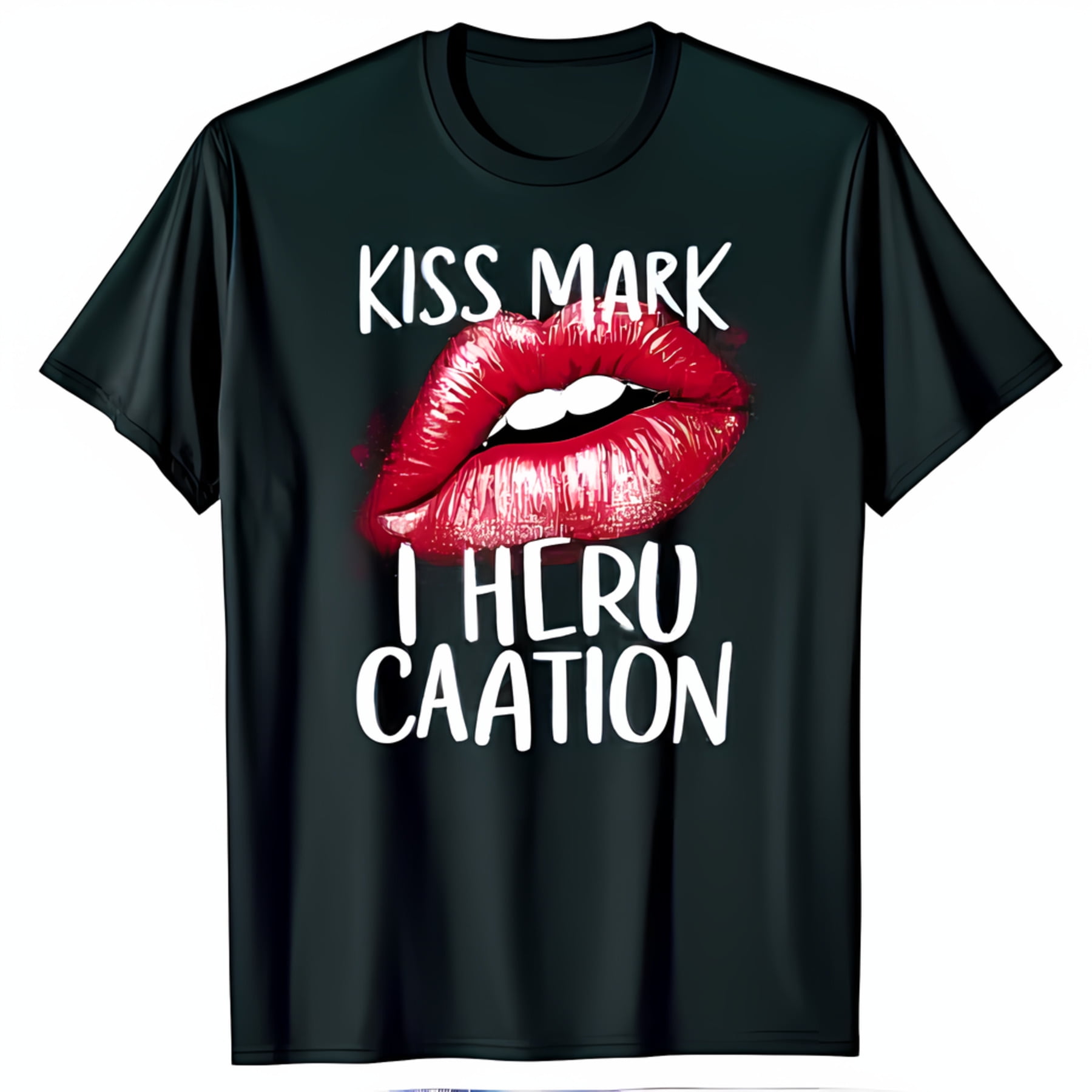 Black T-Shirt with Bold Red Lip Graphic 'Kiss Mark' & 'I Heru Caation ...