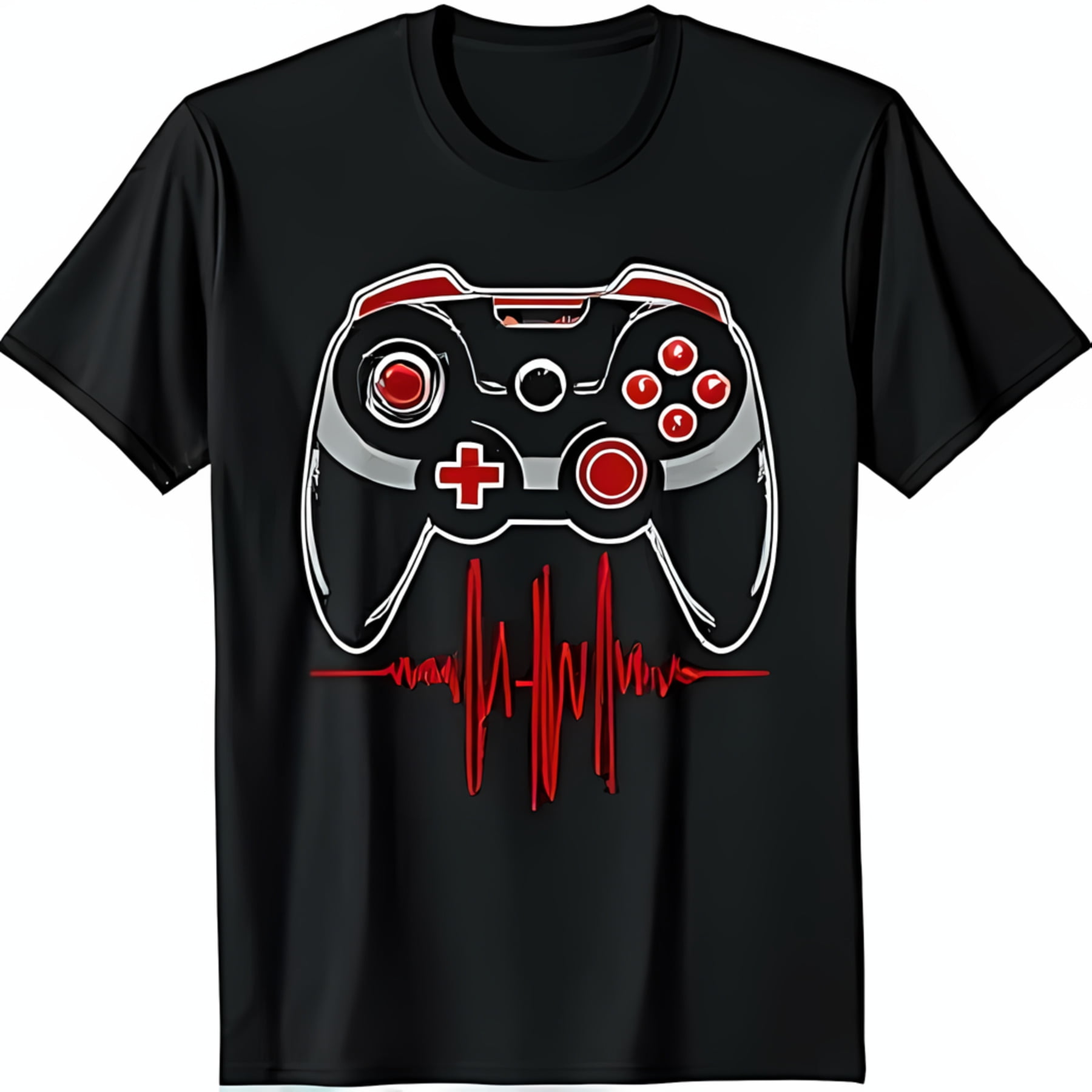 Black T-Shirt with Bold Red & White Controller Design and Heartbeat ...