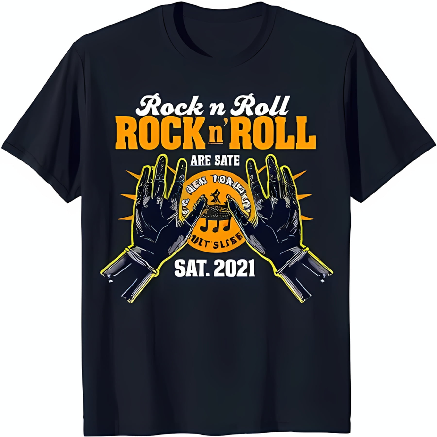 Black T-Shirt with Bold 'Rock n Roll' Graphic & Clapping Hands Design ...