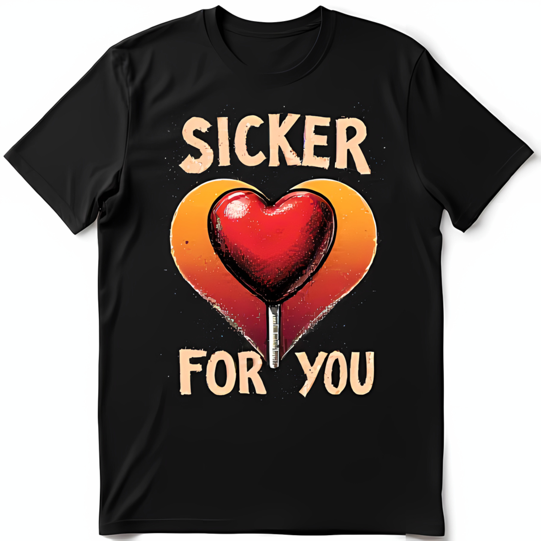 Black T-Shirt with Bold SICKER FOR YOU Graphic & Heart Lollipop Design ...