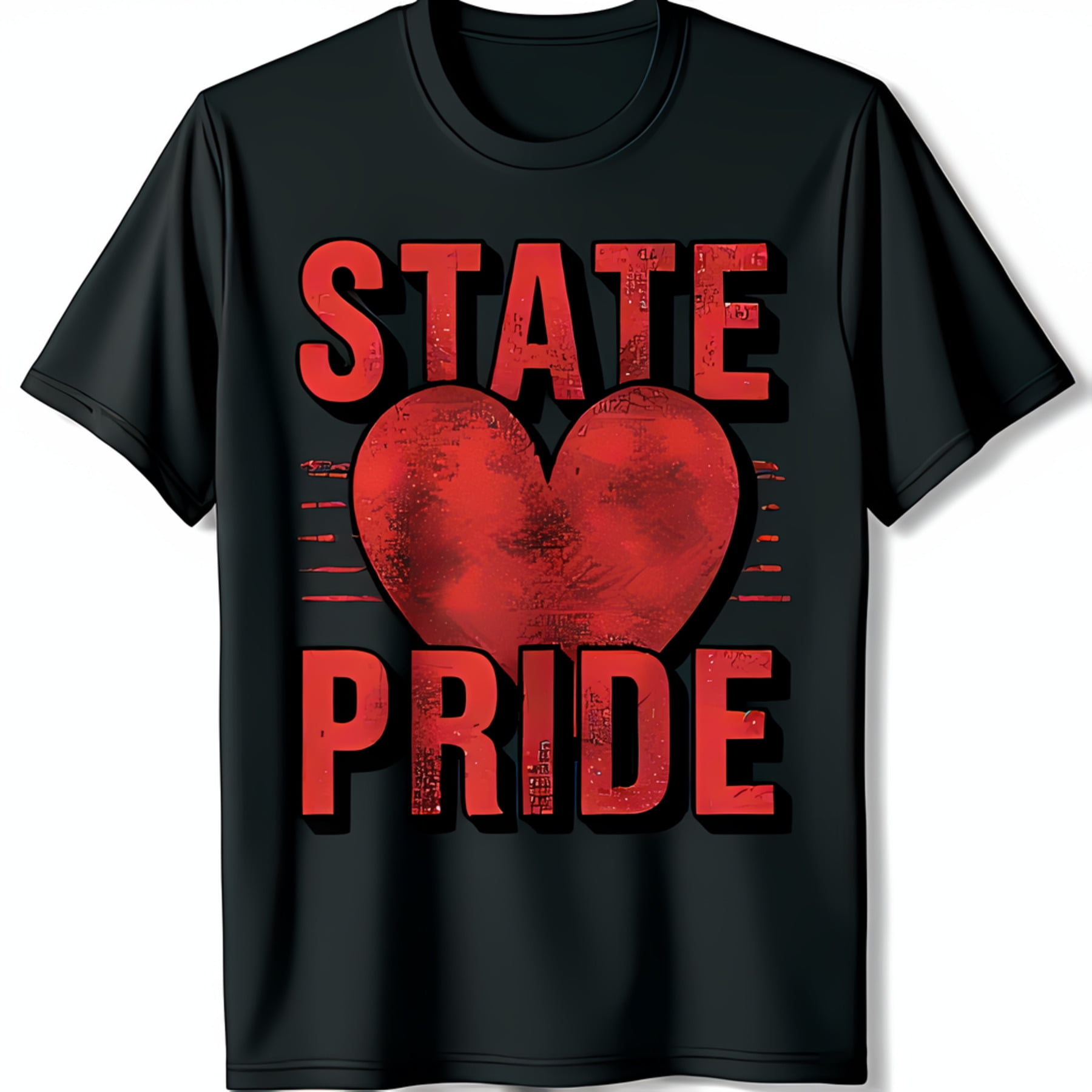Black T-Shirt with Bold 'STATE PRIDE' Design and Textured Red Heart ...