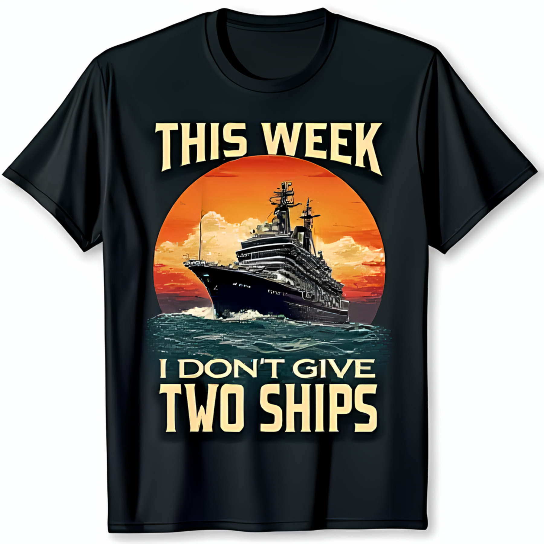 Black T-Shirt with Bold Ship Graphic & Witty 'Two Ships' Text for ...
