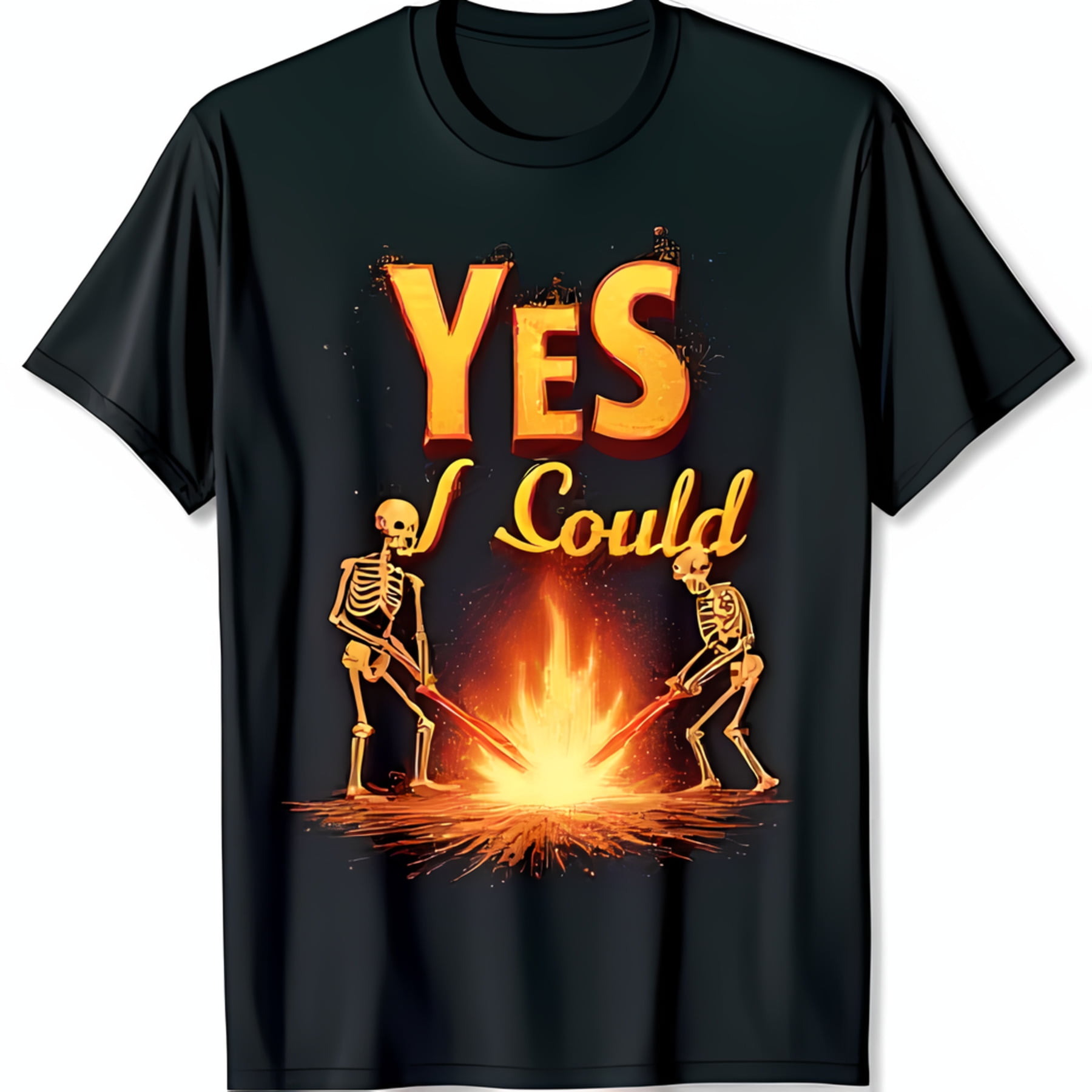 Black T-Shirt with Bold Skeletons Clashing Graphic & Campfire Design ...