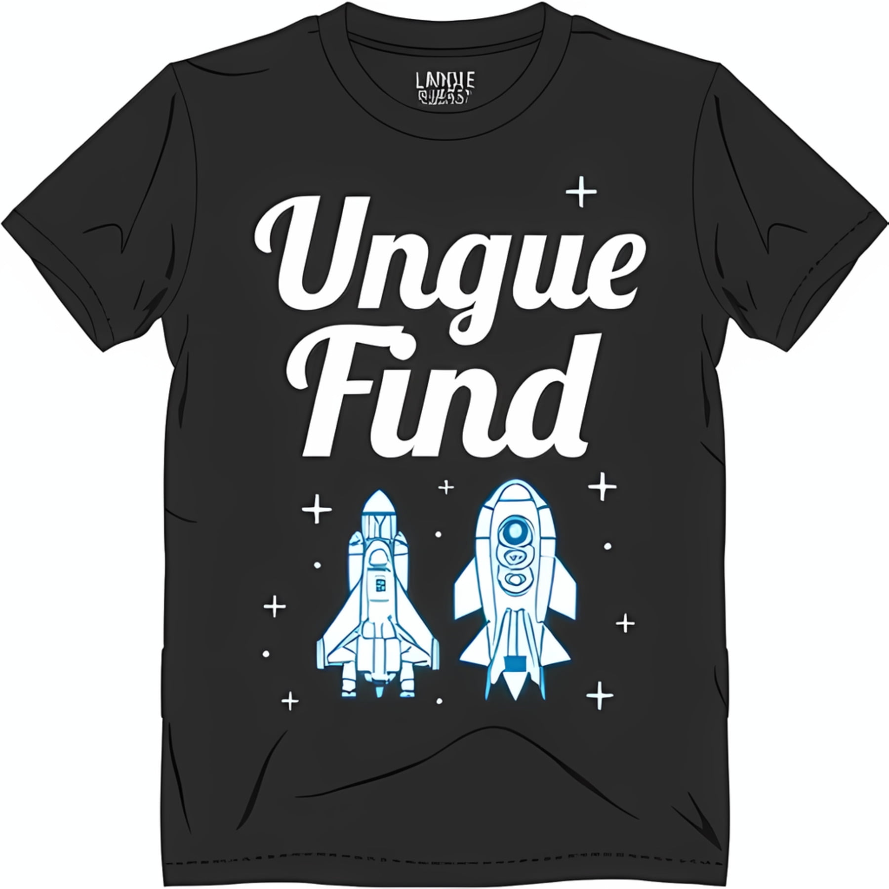 Black T-Shirt with Bold Space Rocket Graphic & 'Ungue Find' Text ...