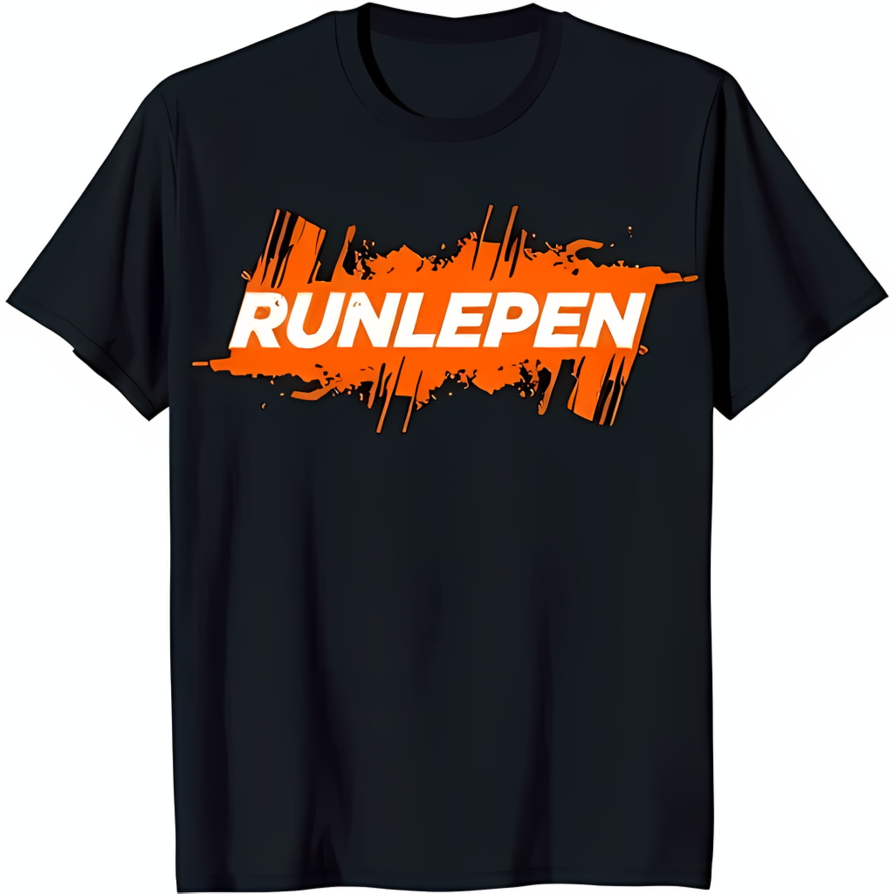 Black T-Shirt with Bold Splatter and 'RUNLEPEN' White Text Design ...