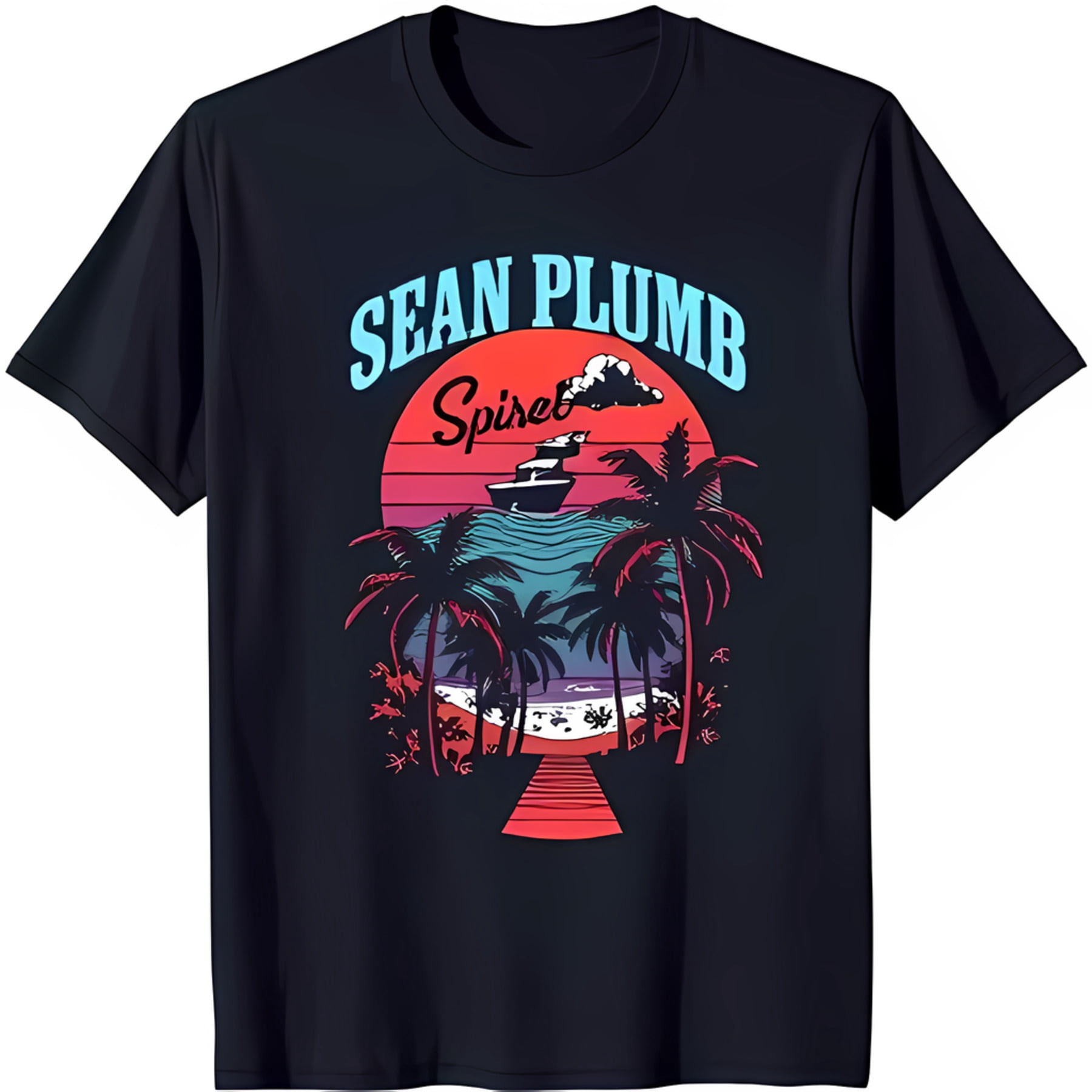 Black T-Shirt with Bold Sunset Graphic Boat & Trees Sean Plumb Design ...