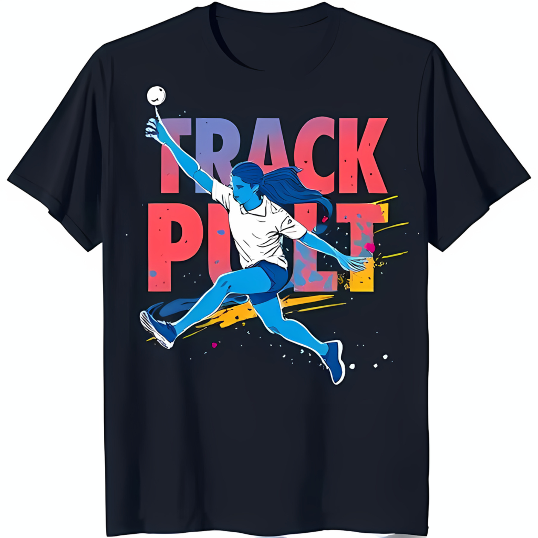 Black T-Shirt with Bold 'TRACK & FIELD' Graphic Woman in Mid Jump ...