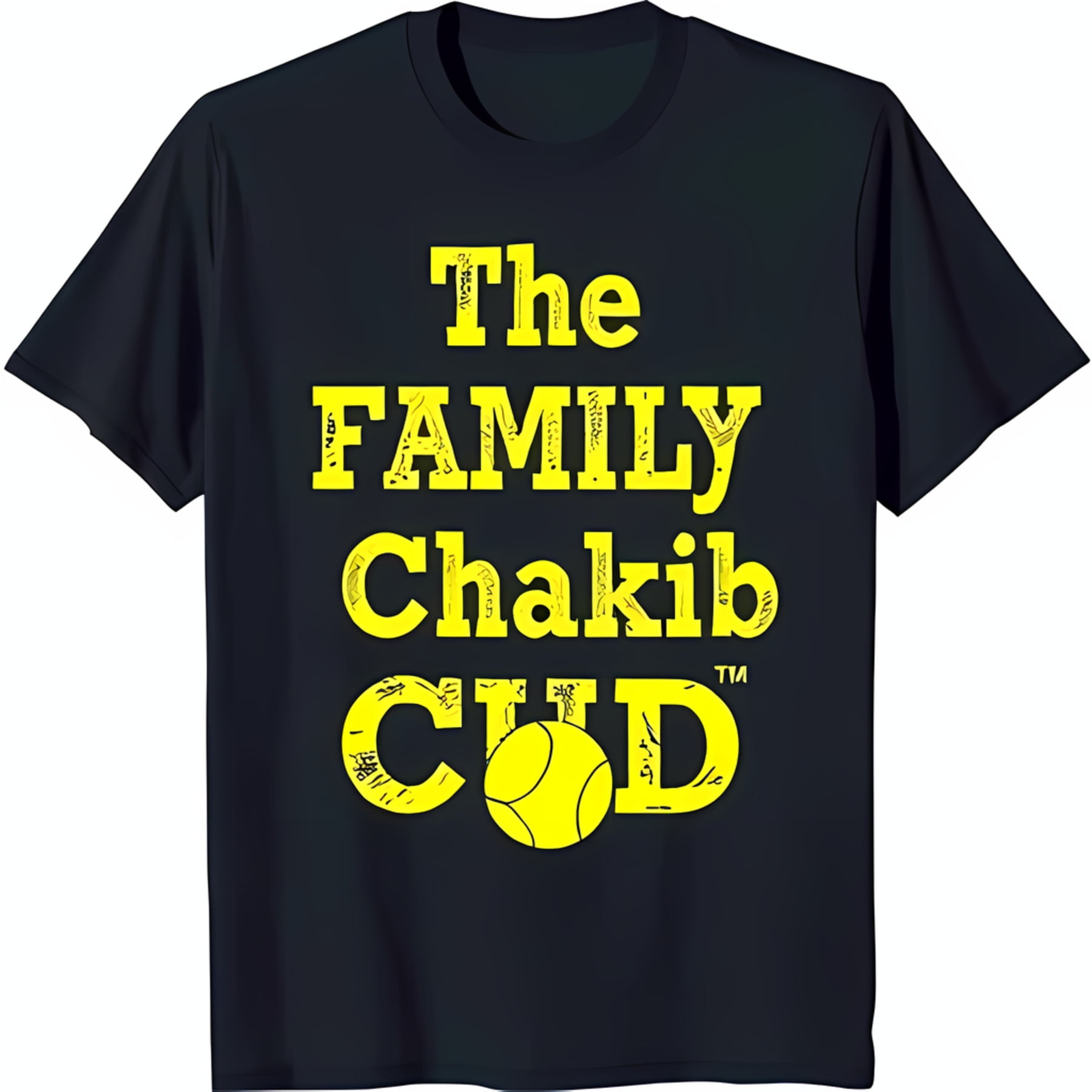 Black T-Shirt with Bold 'The Family Chakib CUD' Graphic & Tennis Ball ...