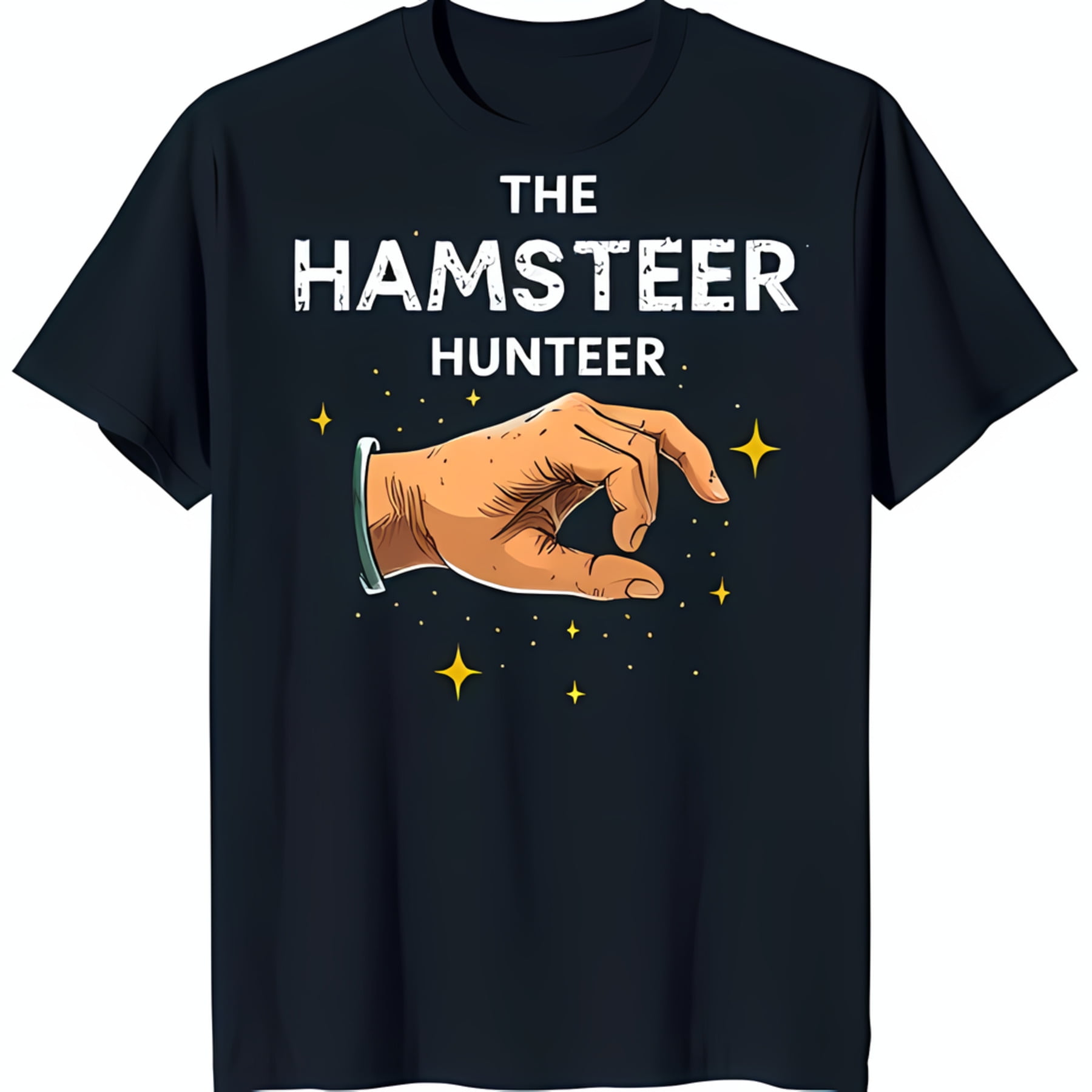 Black T-Shirt with Bold 'The Hamster Hunter' Design & Grabbing Hand ...