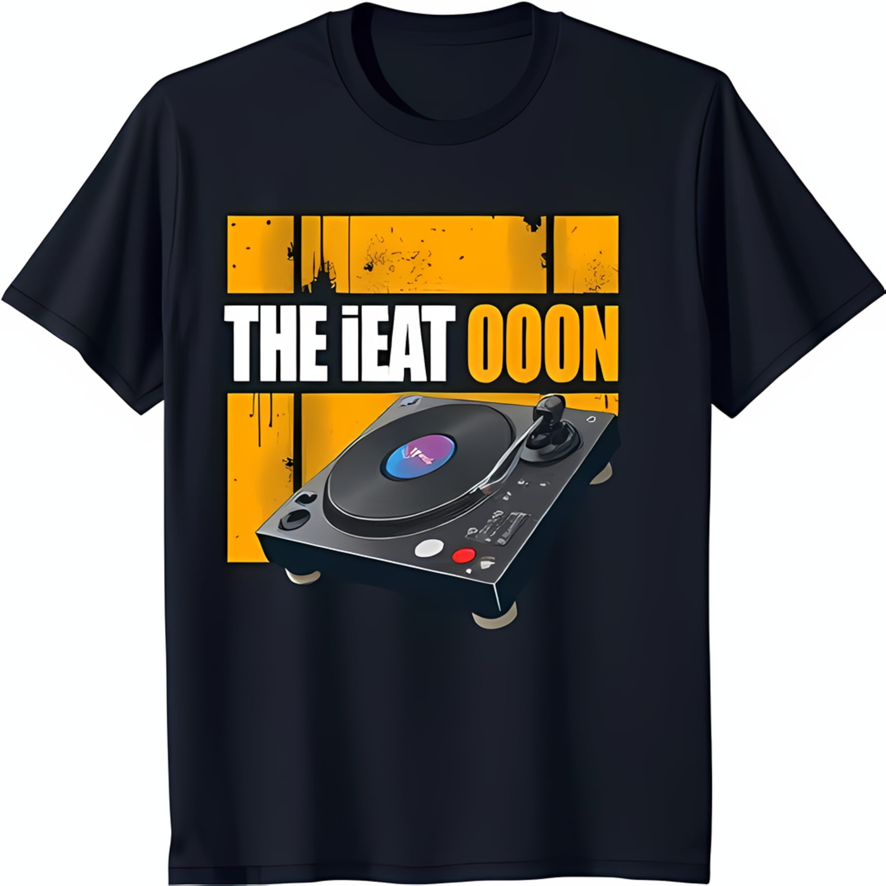 Black T-Shirt with Bold Turntable Graphic & 'THE IEAT OOON' Text Unique ...