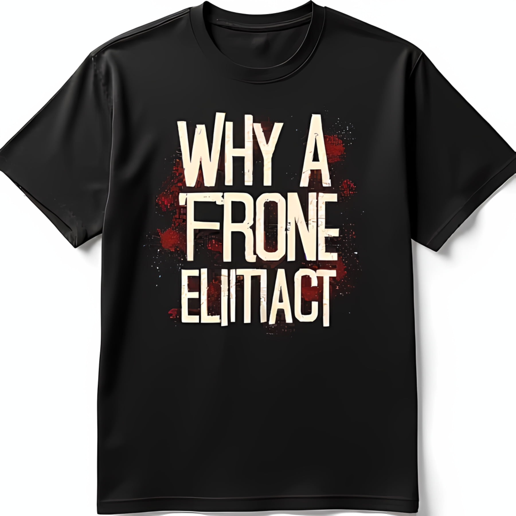 Black T-Shirt with Bold WHY A FRONE ELLIACT Graphic & Red Splatter ...