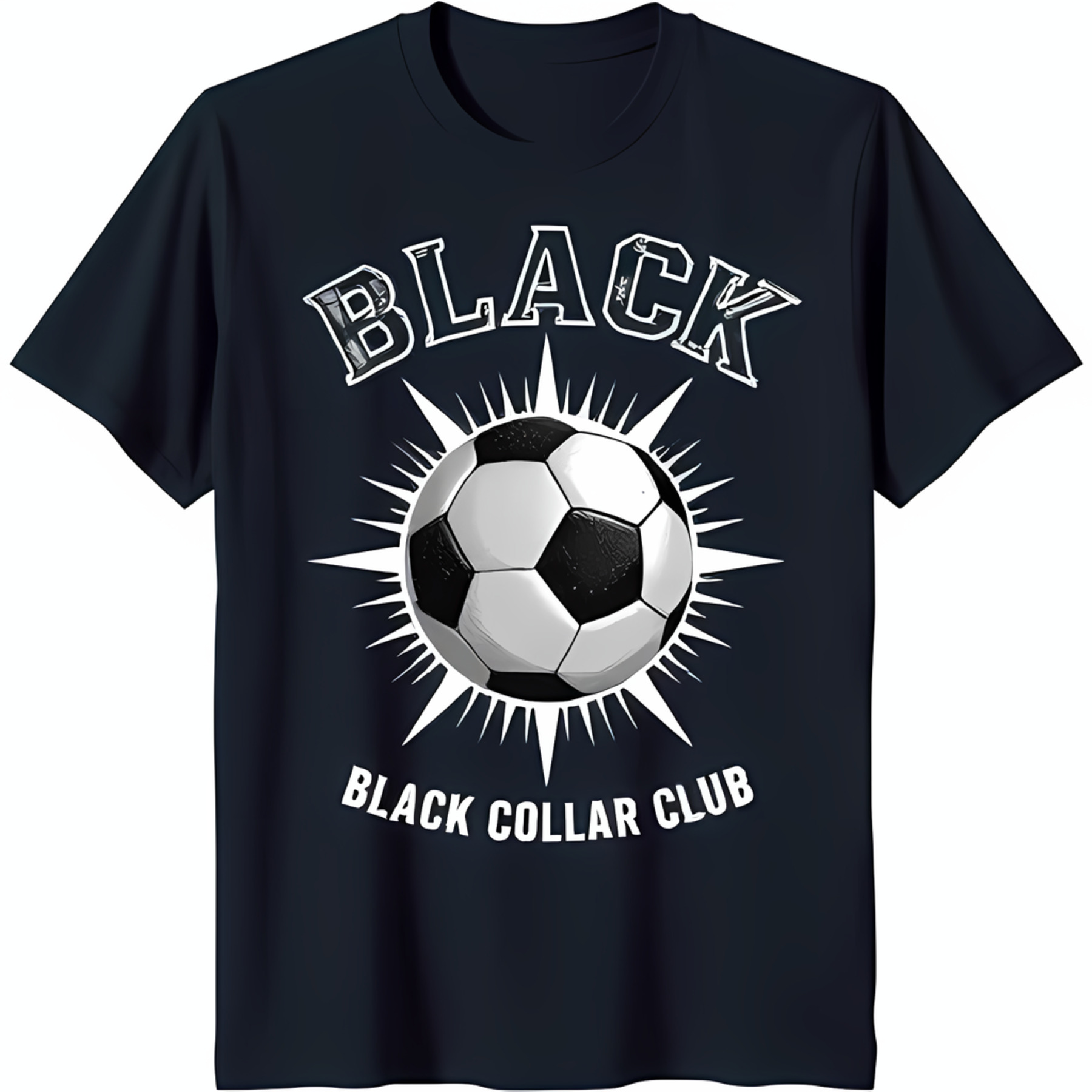 Black T-Shirt with Bold White 'BLACK COLLAR CLUB' Text & Soccer Ball ...