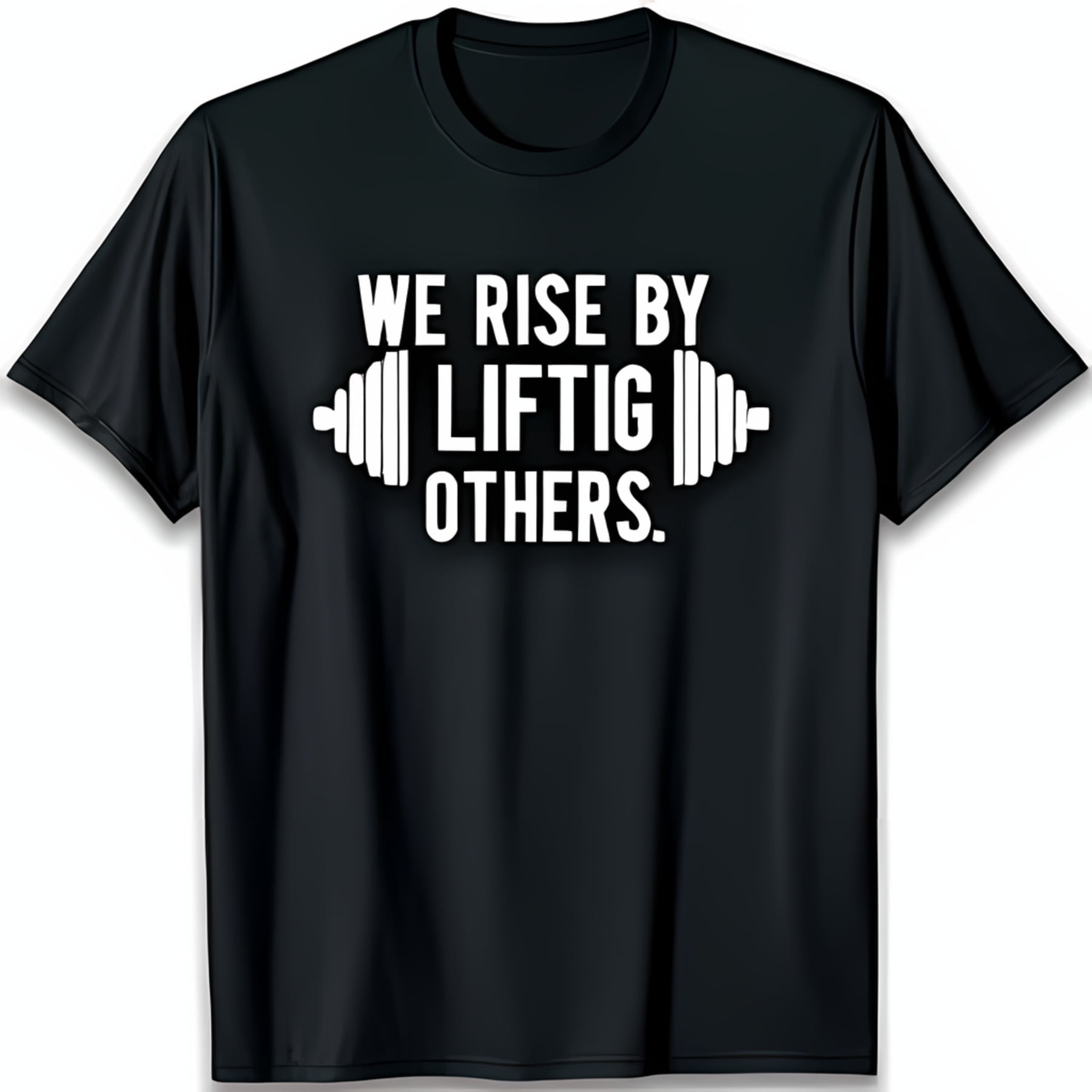 Black T-Shirt with Bold White Barbell Graphic We Rise By Others Design ...