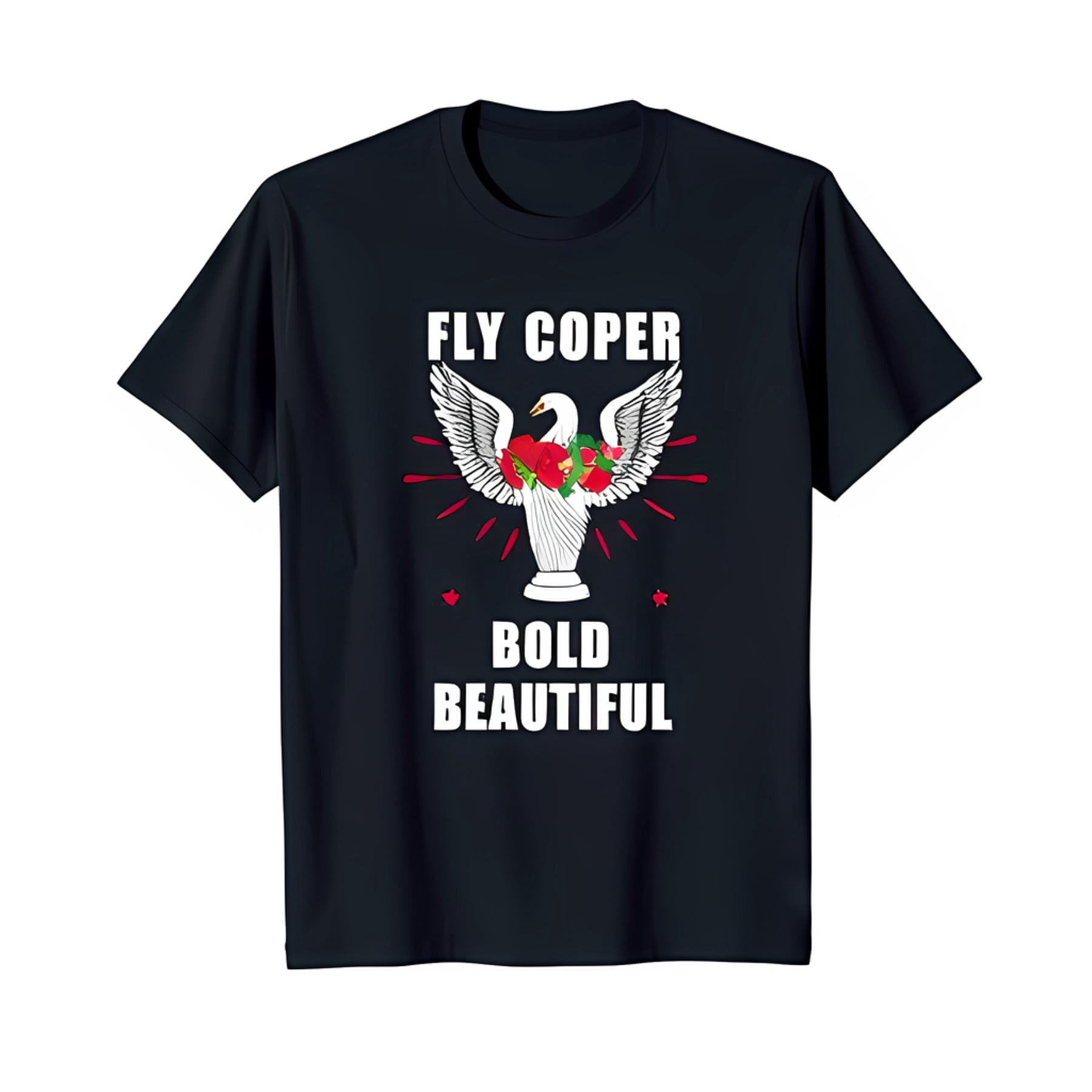 Black T-Shirt with Bold White Bird Graphic Red Floral Accents 'FLY ...