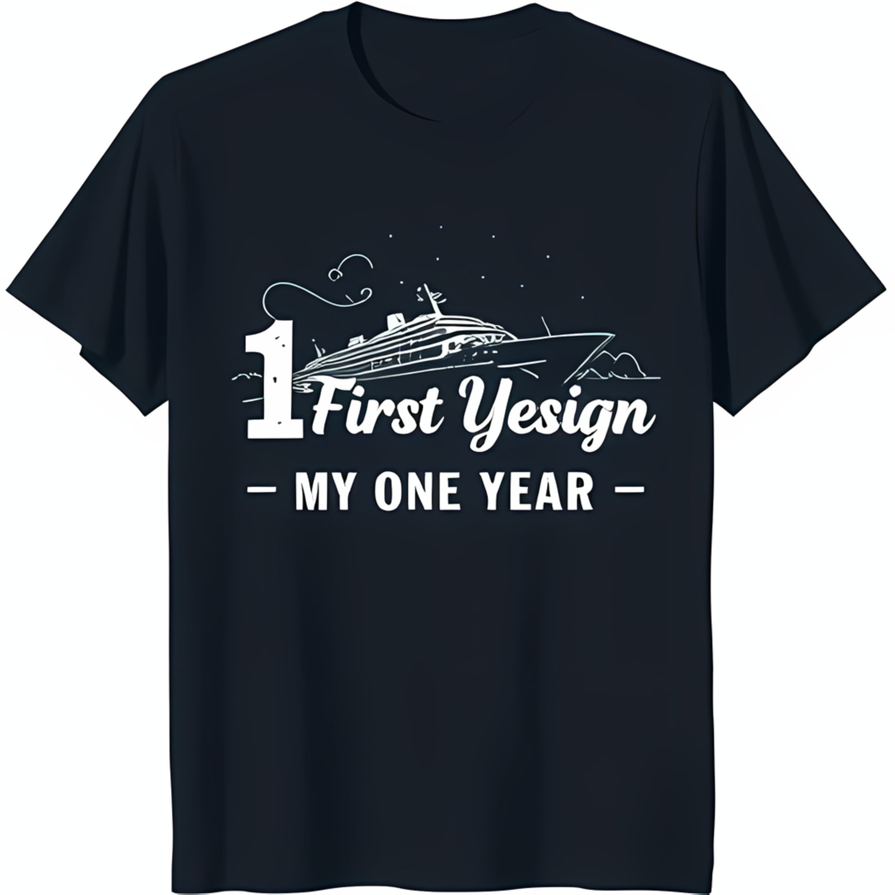 Black T-Shirt with Bold White Cruise Ship Design 'First Year' Cursive ...