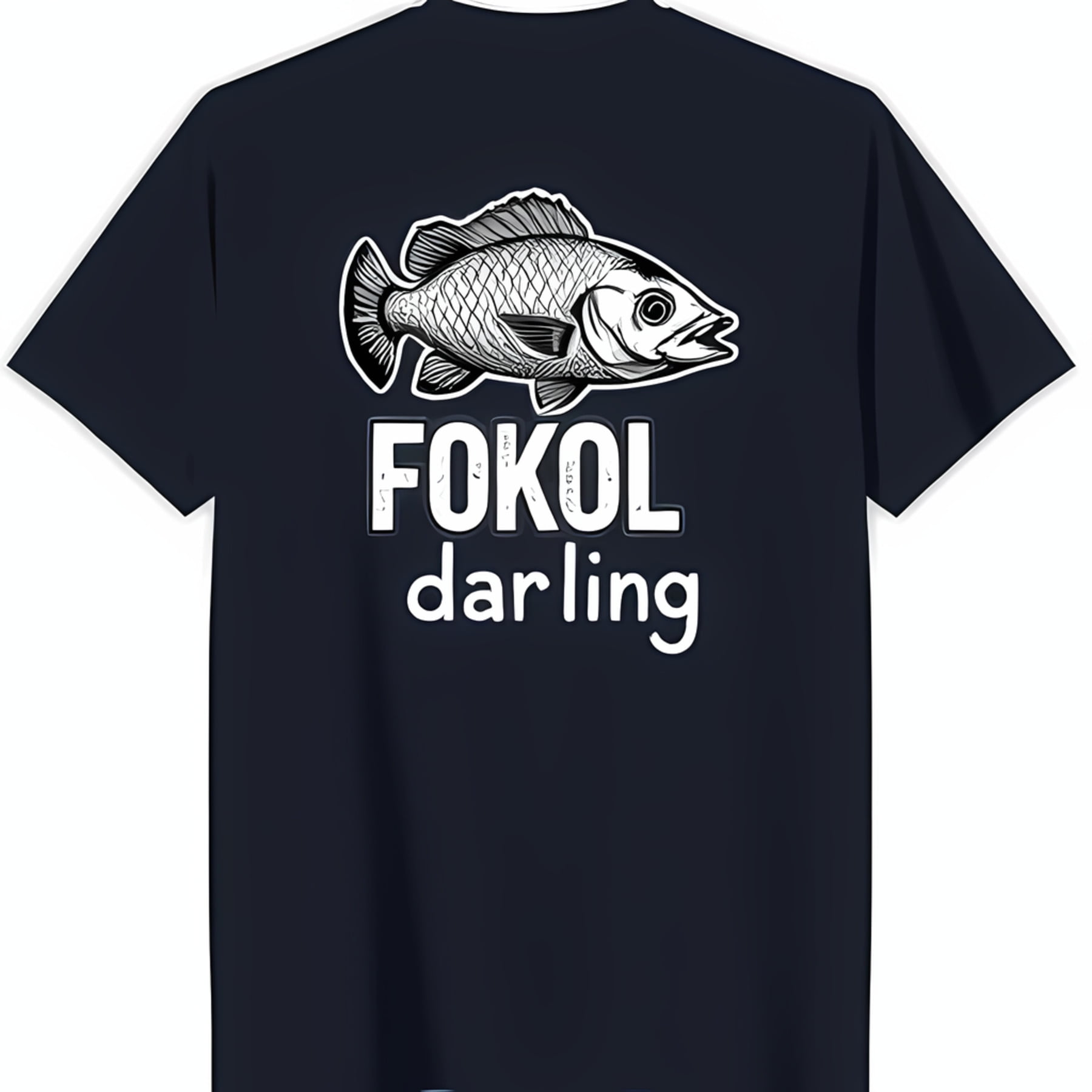Black T-Shirt with Bold White Fish Graphic and 'FOKOL Darling' Text ...