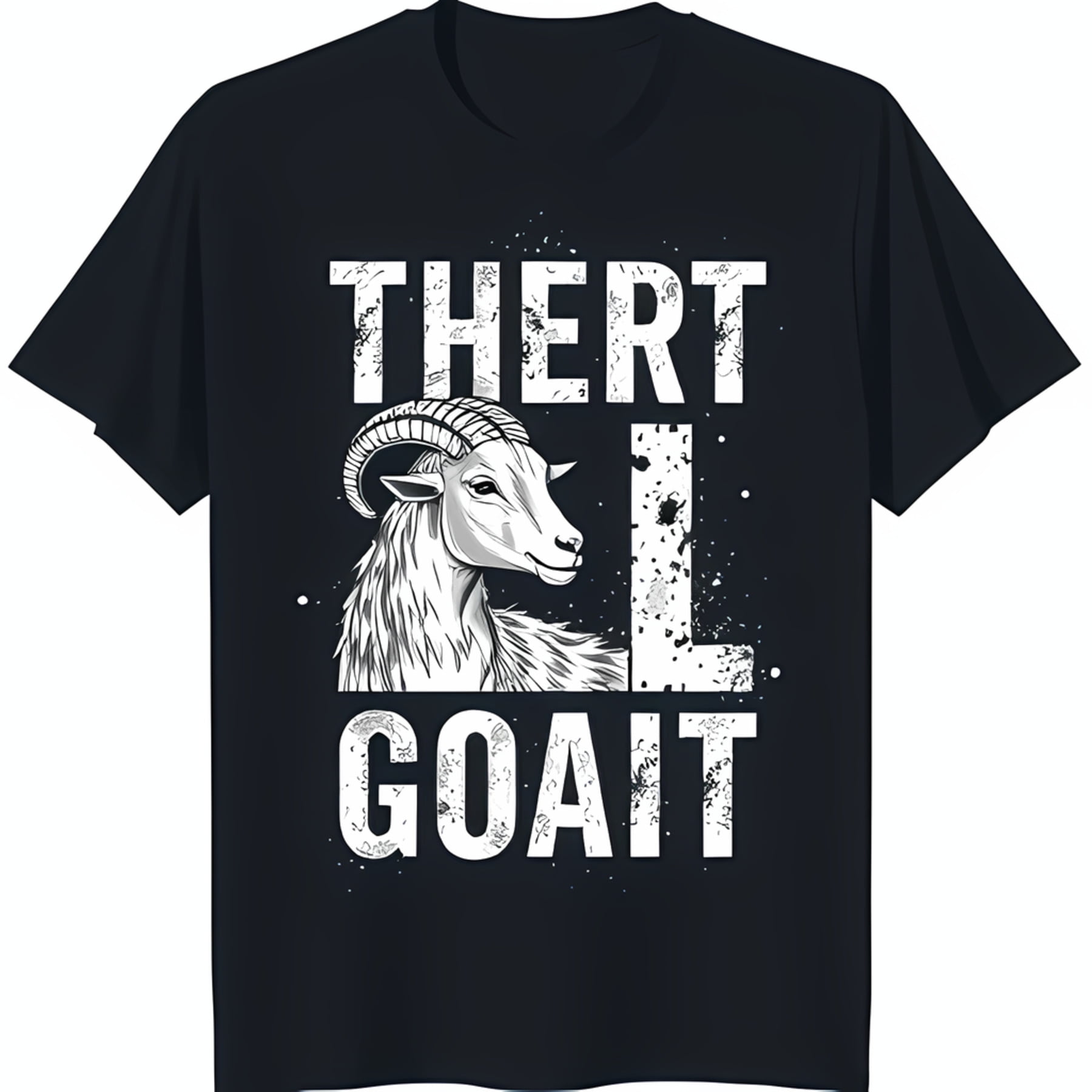 Black T-Shirt with Bold White Goat Graphic 'THERT L GOAIT' Text Grunge ...