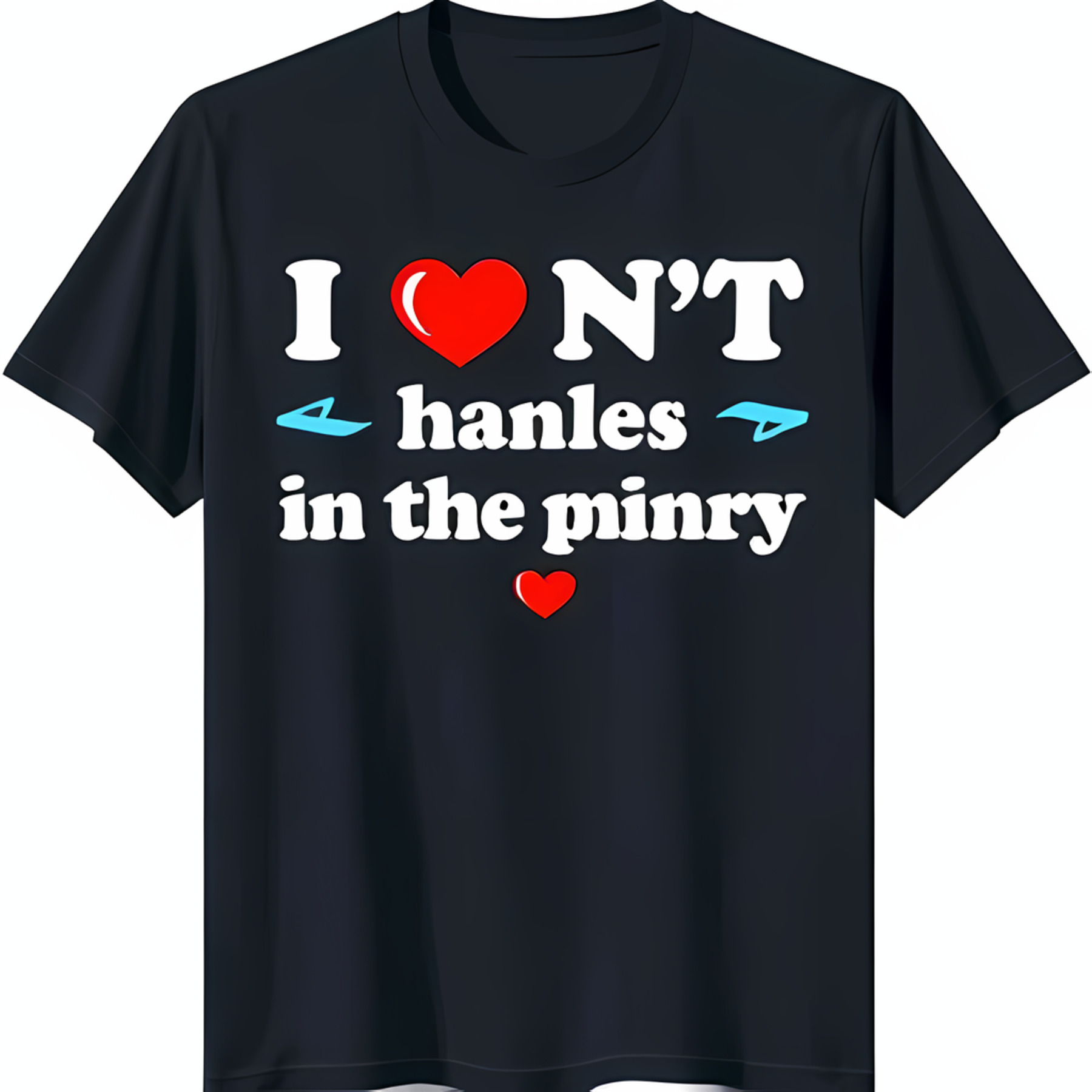 Black T-Shirt with Bold White Graphic: 'I Love N'T hanles in the pinry ...