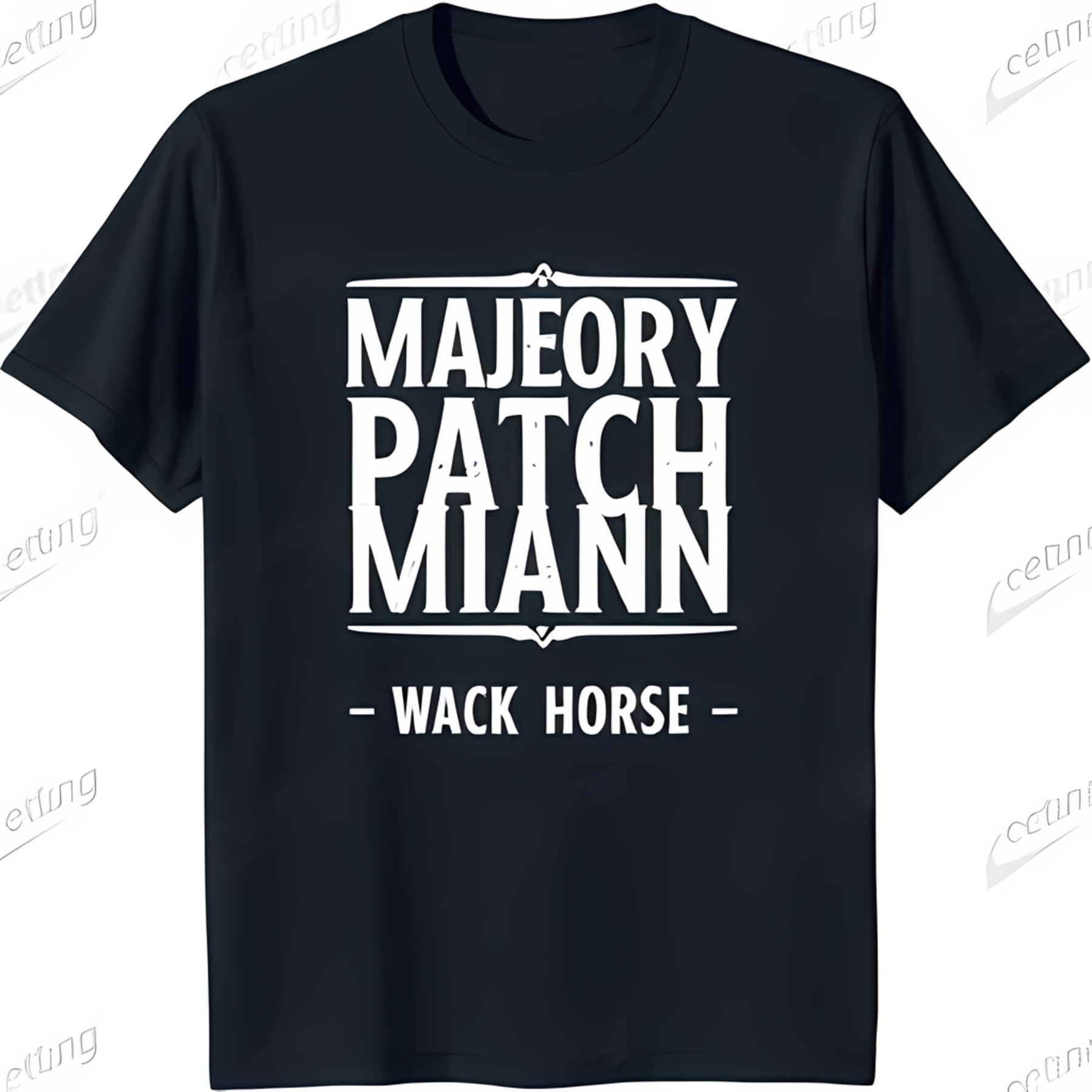 Black T-Shirt with Bold White Graphic: 'Majeory Patch Miann Wack Horse ...