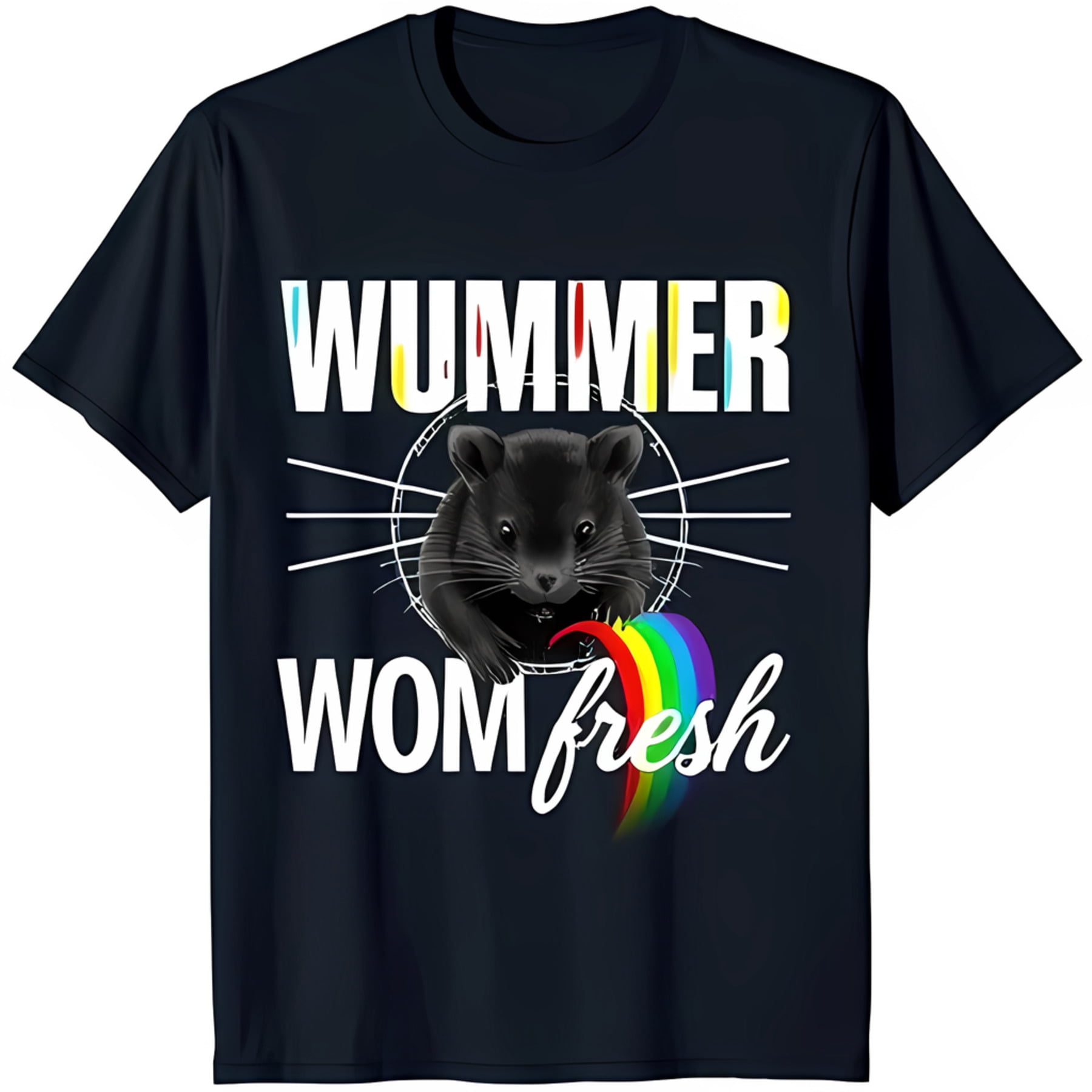 Black T-Shirt with Bold White Graphic: & Rainbow 'Wummer Wom Fresh ...