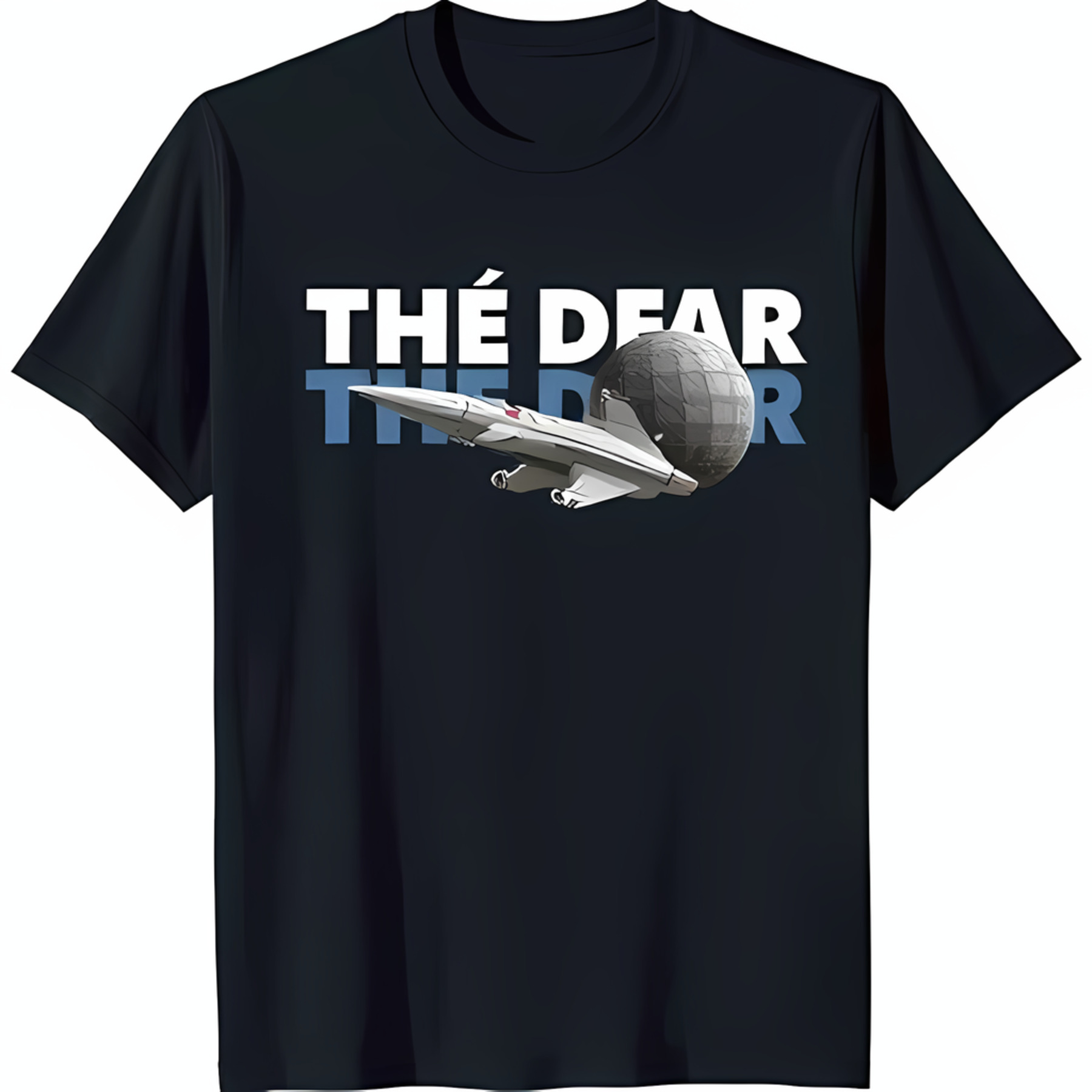 Black T-Shirt with Bold White Graphic: 'THE DEAR THE DR' Spaceship ...