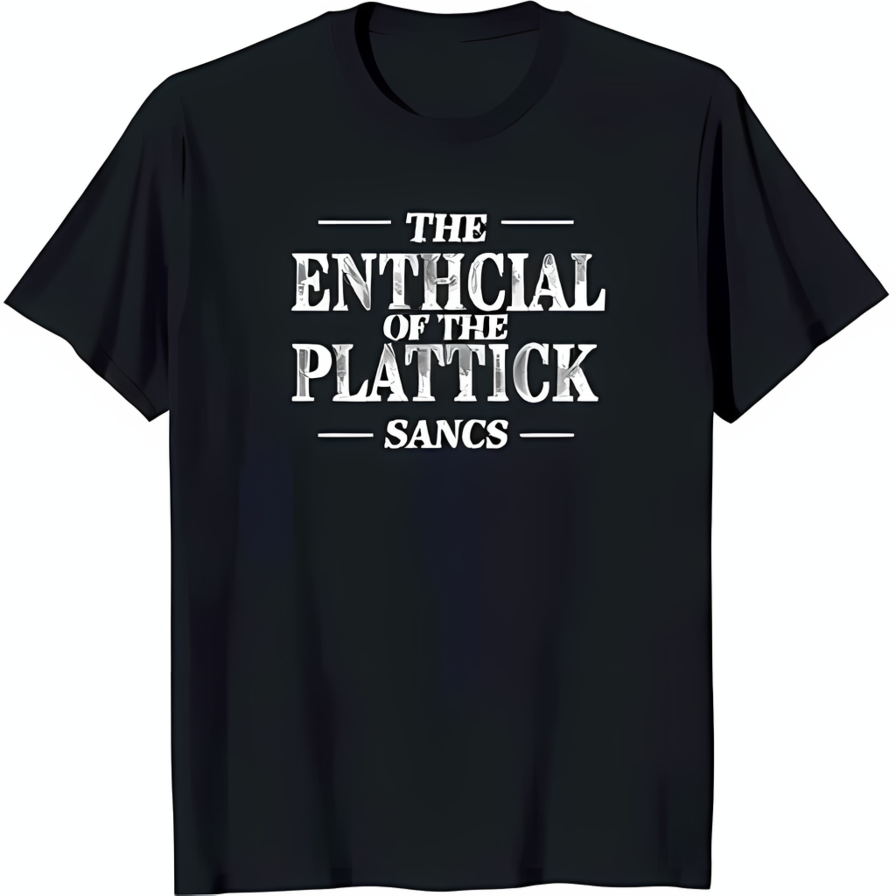 Black T-Shirt with Bold White Graphic: 'The Enthcial of the Plattick ...