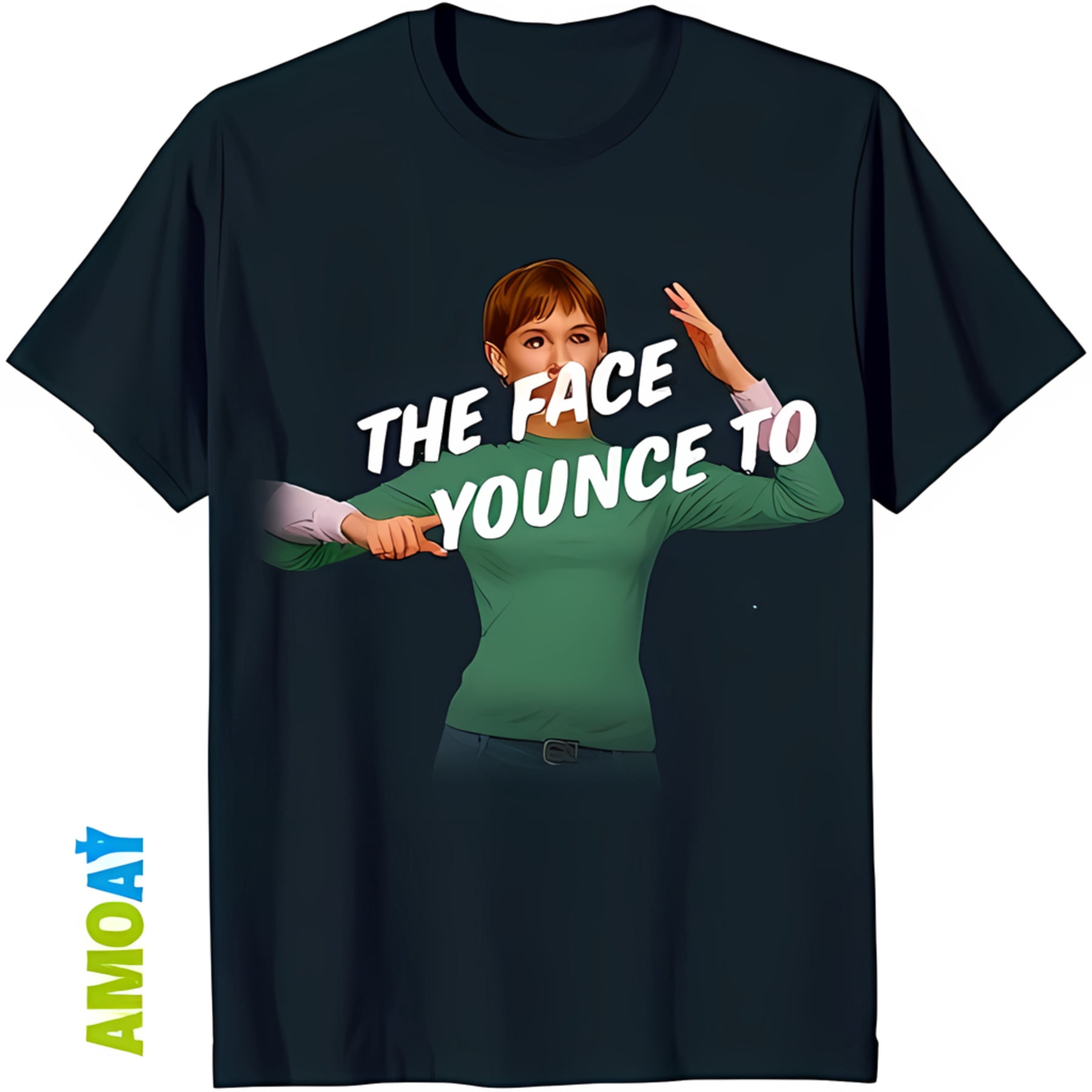 Black T-Shirt with Bold White Graphic of Woman Pointing to 'THE FACE ...