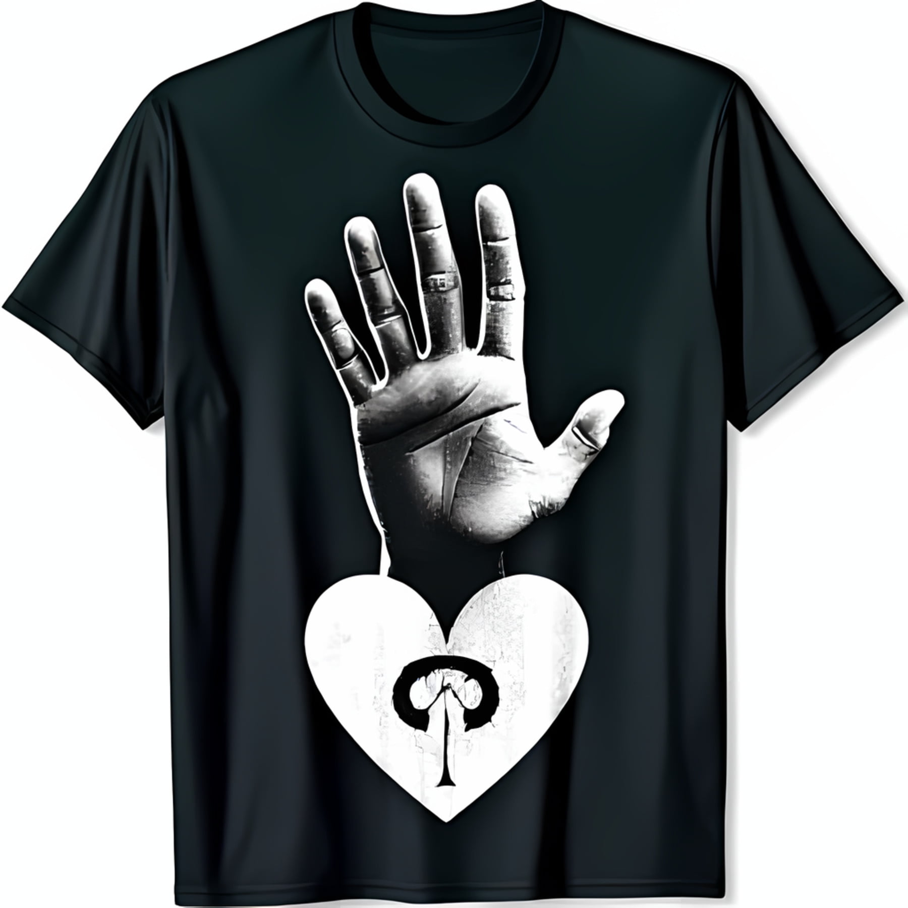 Black T-Shirt with Bold White Handprint & Heart Graphic Unique Stop ...