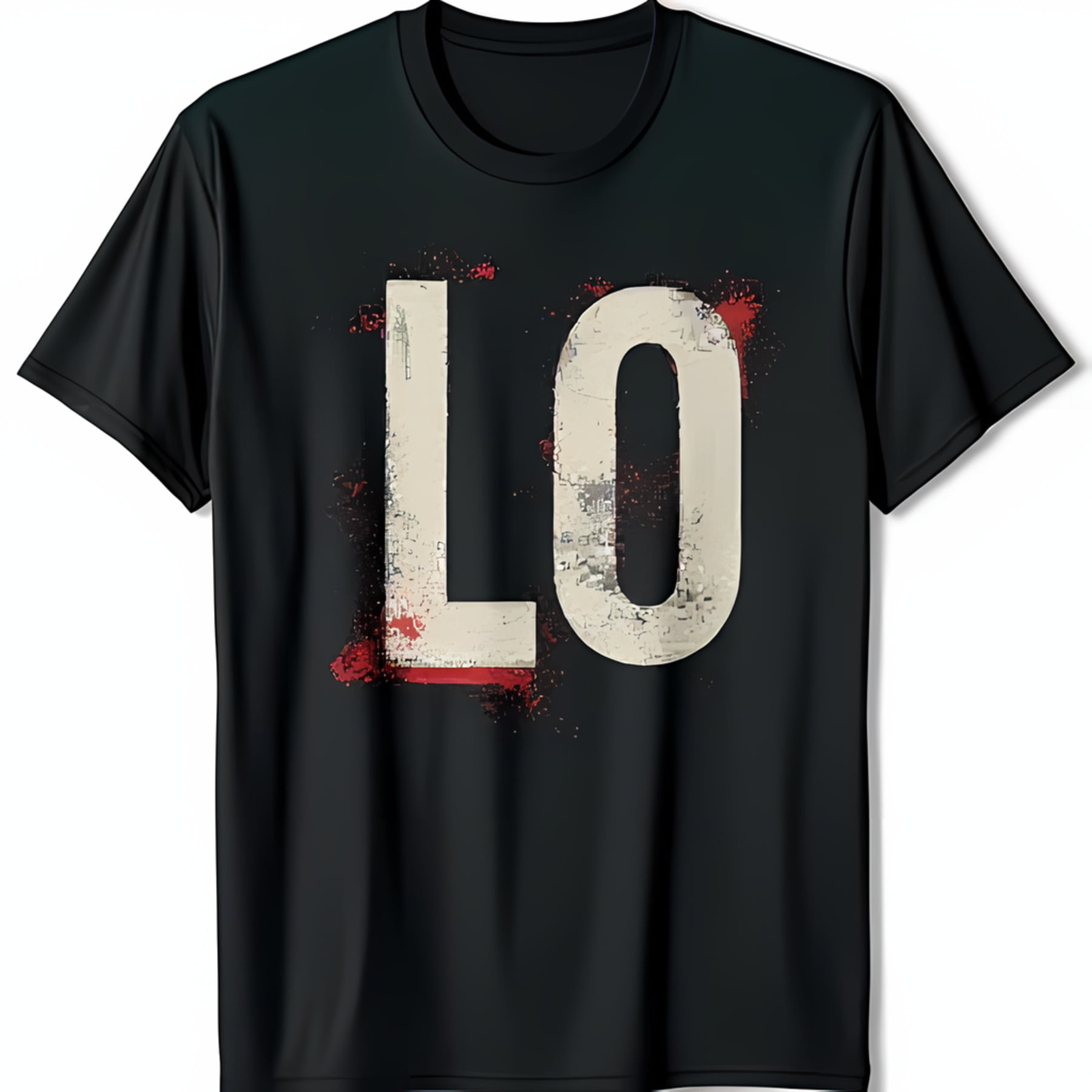 Black T-Shirt with Bold White LO Print and Red Splatter Effect ...