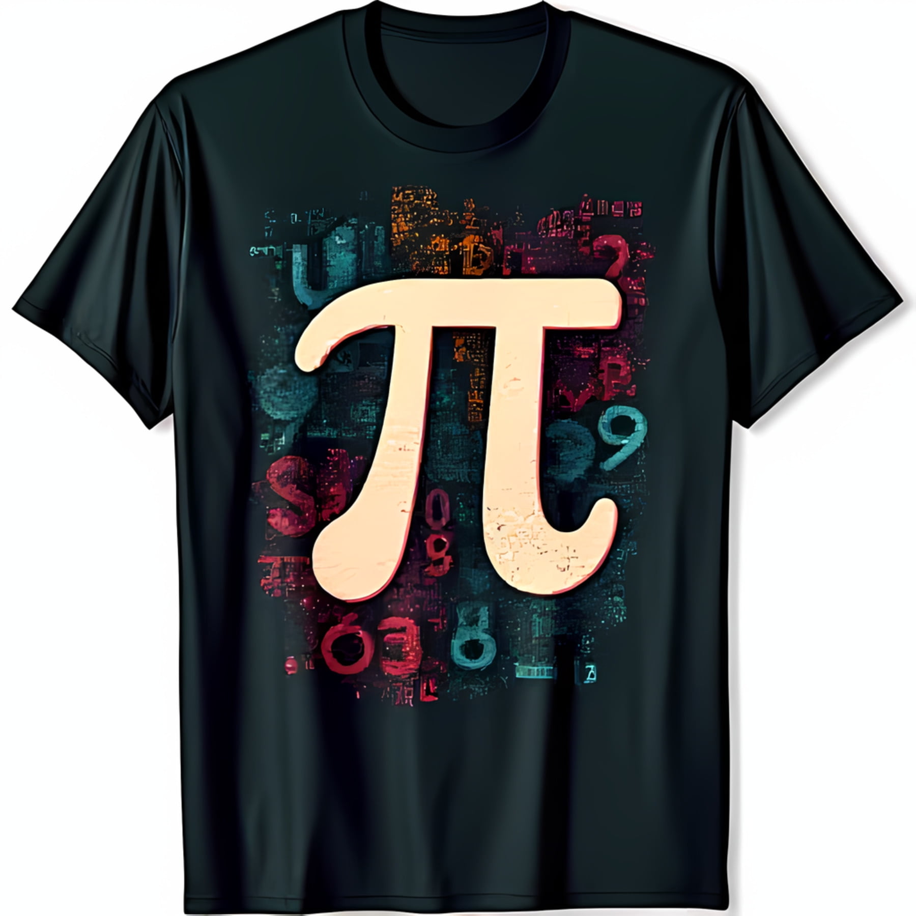 Black T-Shirt with Bold White Pi Symbol and Colorful Number Design for ...