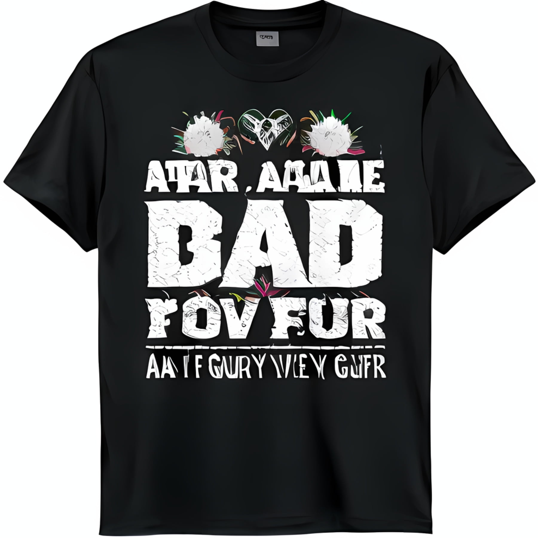 Black T-Shirt with Bold White Print Atar Aame Bad Fov Aaf Gury Wey Gvfr ...