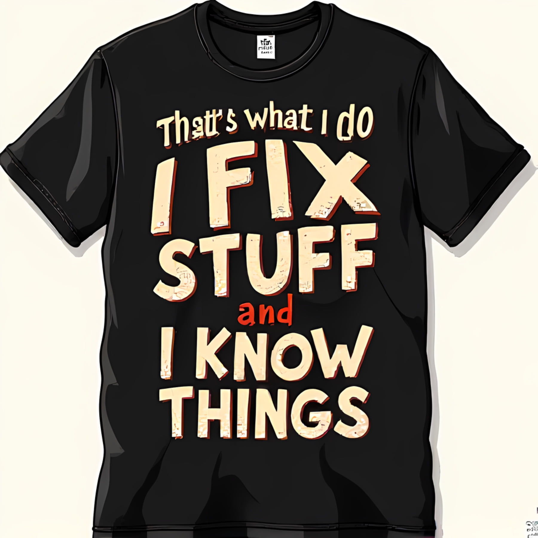 Black T-Shirt with Bold White Print 'I FIX STUFF and I KNOW THINGS' in ...