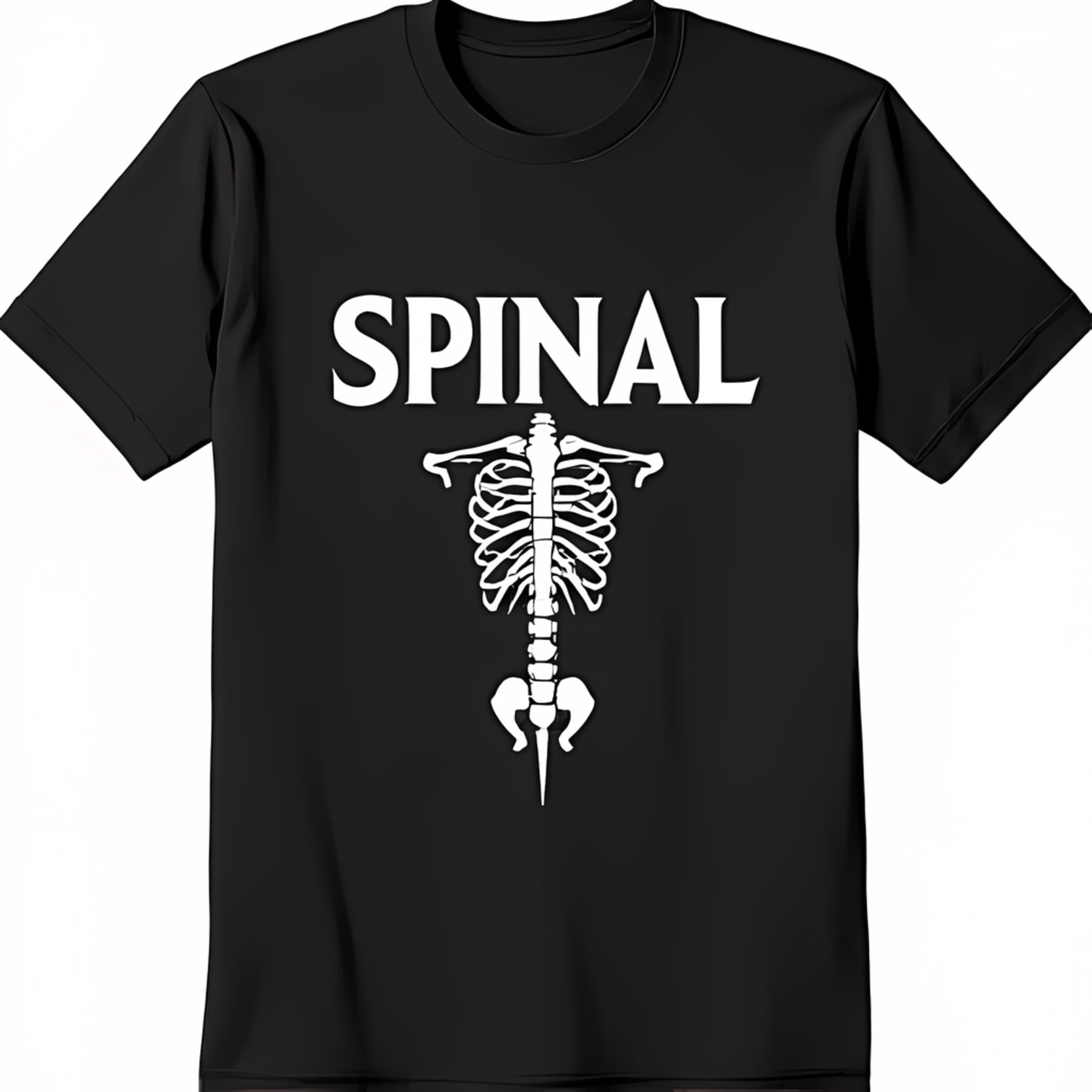 Black T-Shirt with Bold White Skeleton Ribcage and Spine Graphic SPINAL ...