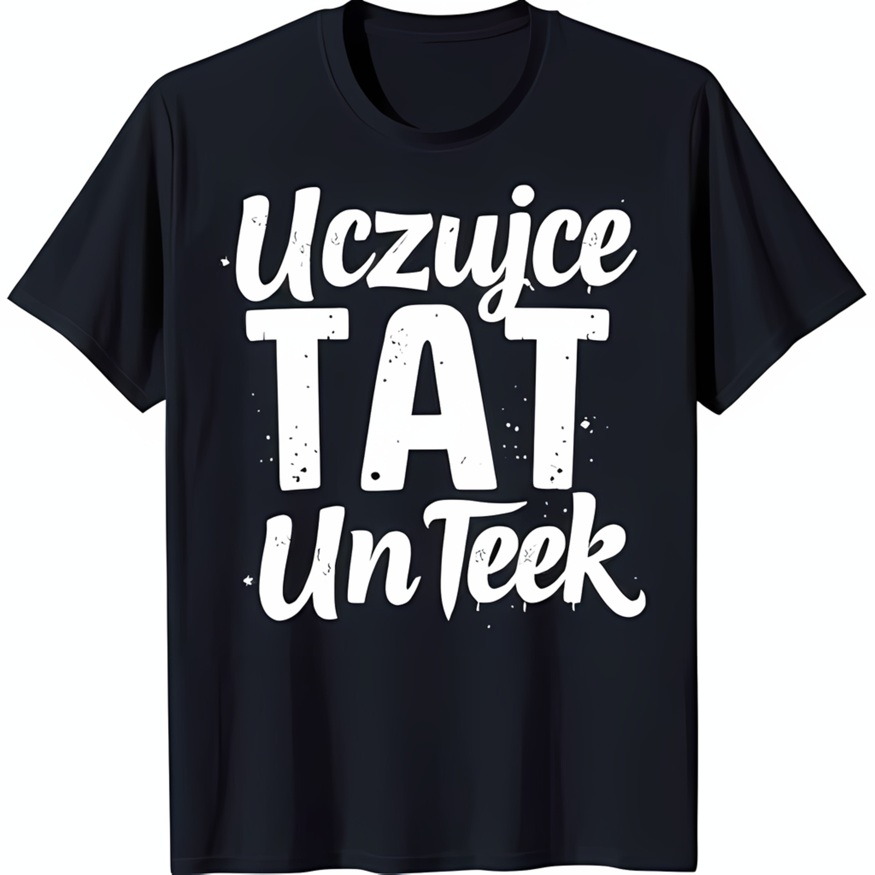 Black T-Shirt with Bold White Slogan 'Uczujce Tat Un Teek' Casual Neck ...