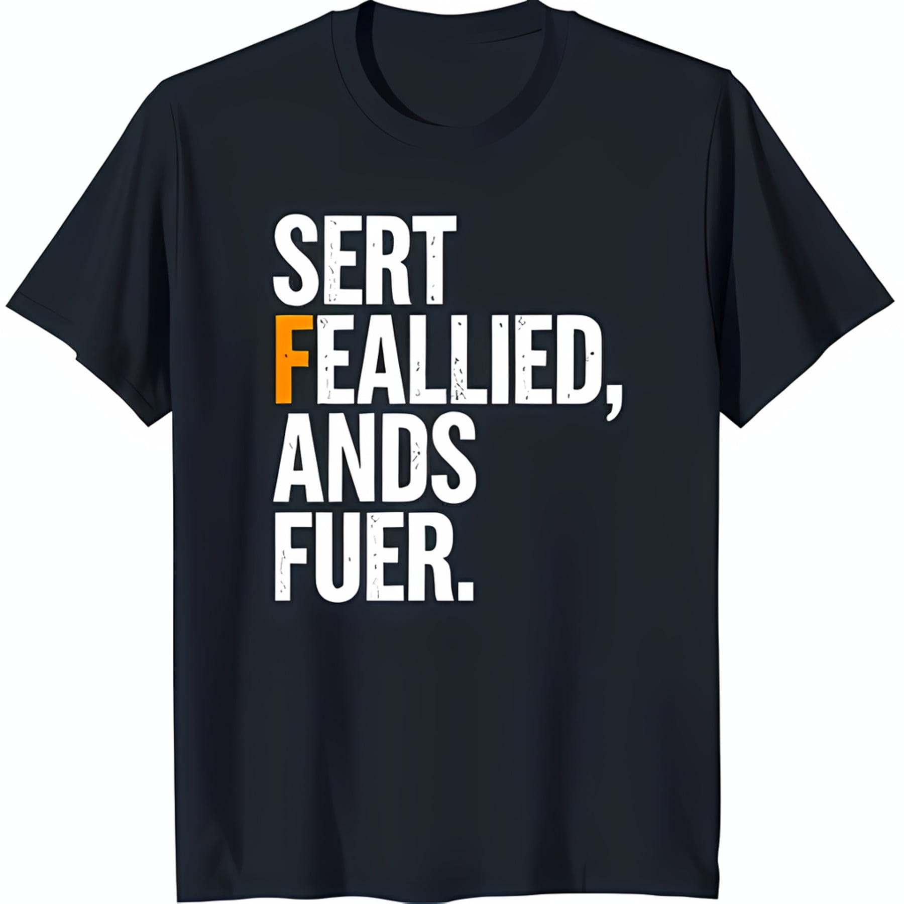 Black T-Shirt with Bold White Text 'SERT FEALLIED ANDS FUER' Unique ...