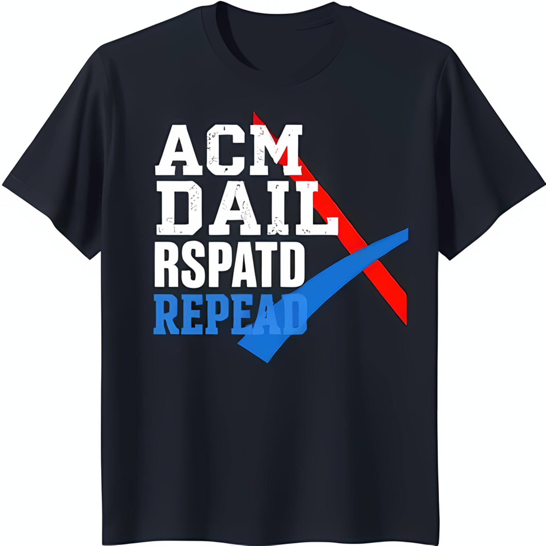 Black T-Shirt with Bold White Text and Overlapping Red & Blue Check ...